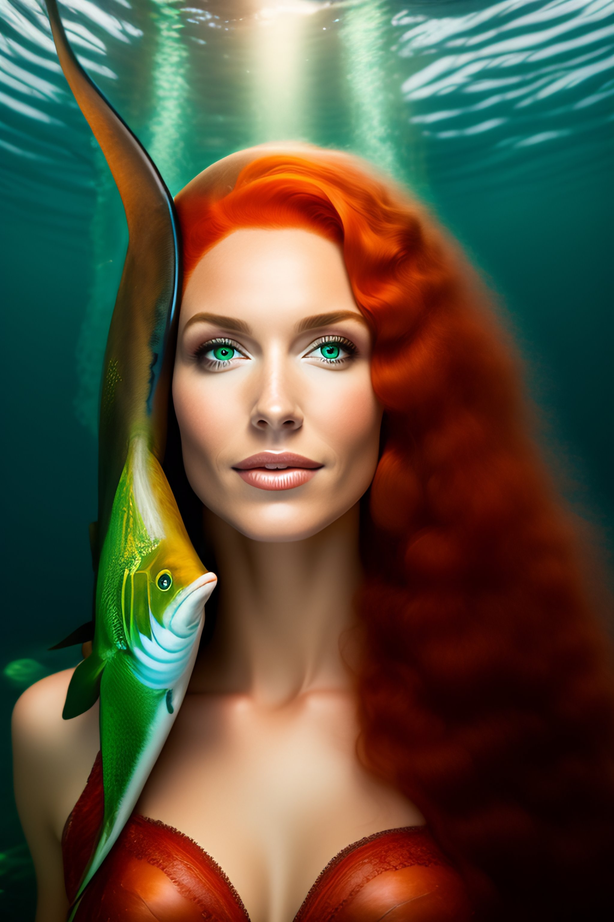 Lexica - Portrait of a mermaid with curly red hair, green eyes, tan ...