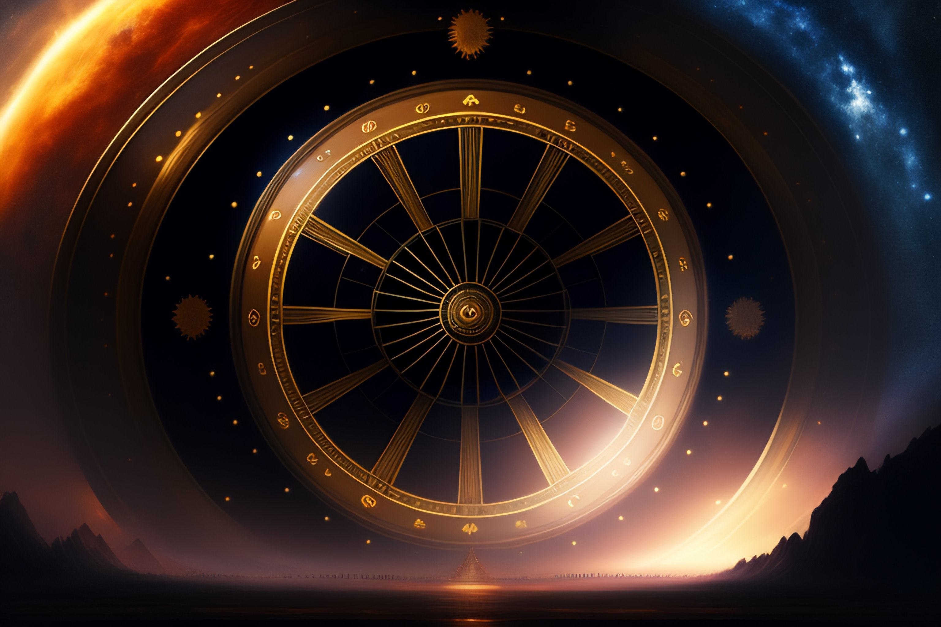 Lexica - Wheel of time, giant cog suspended in the air, vast black room ...