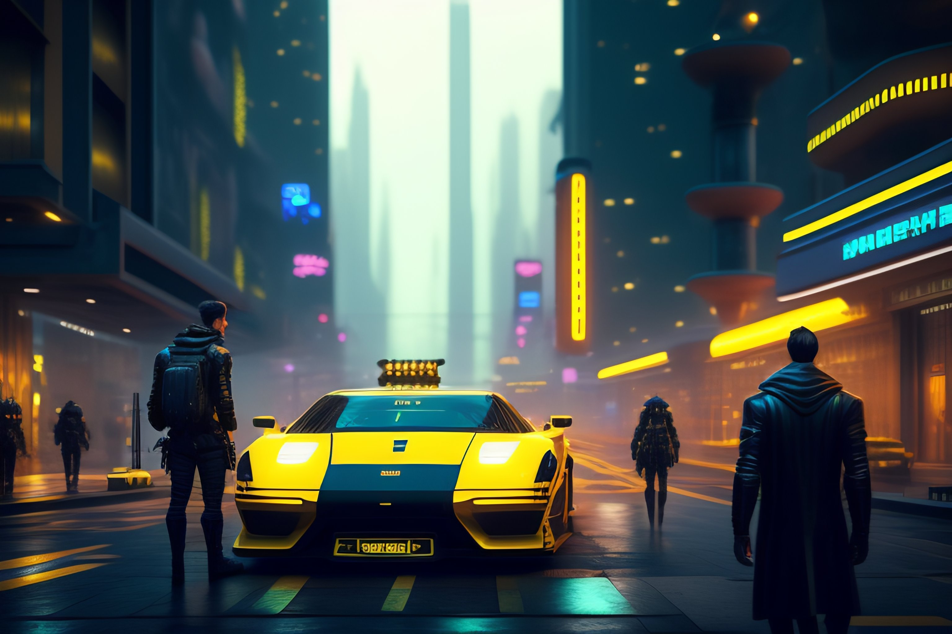 Lexica - Cyberpunk CIty with people wearing Black and Yellow Outfits ...