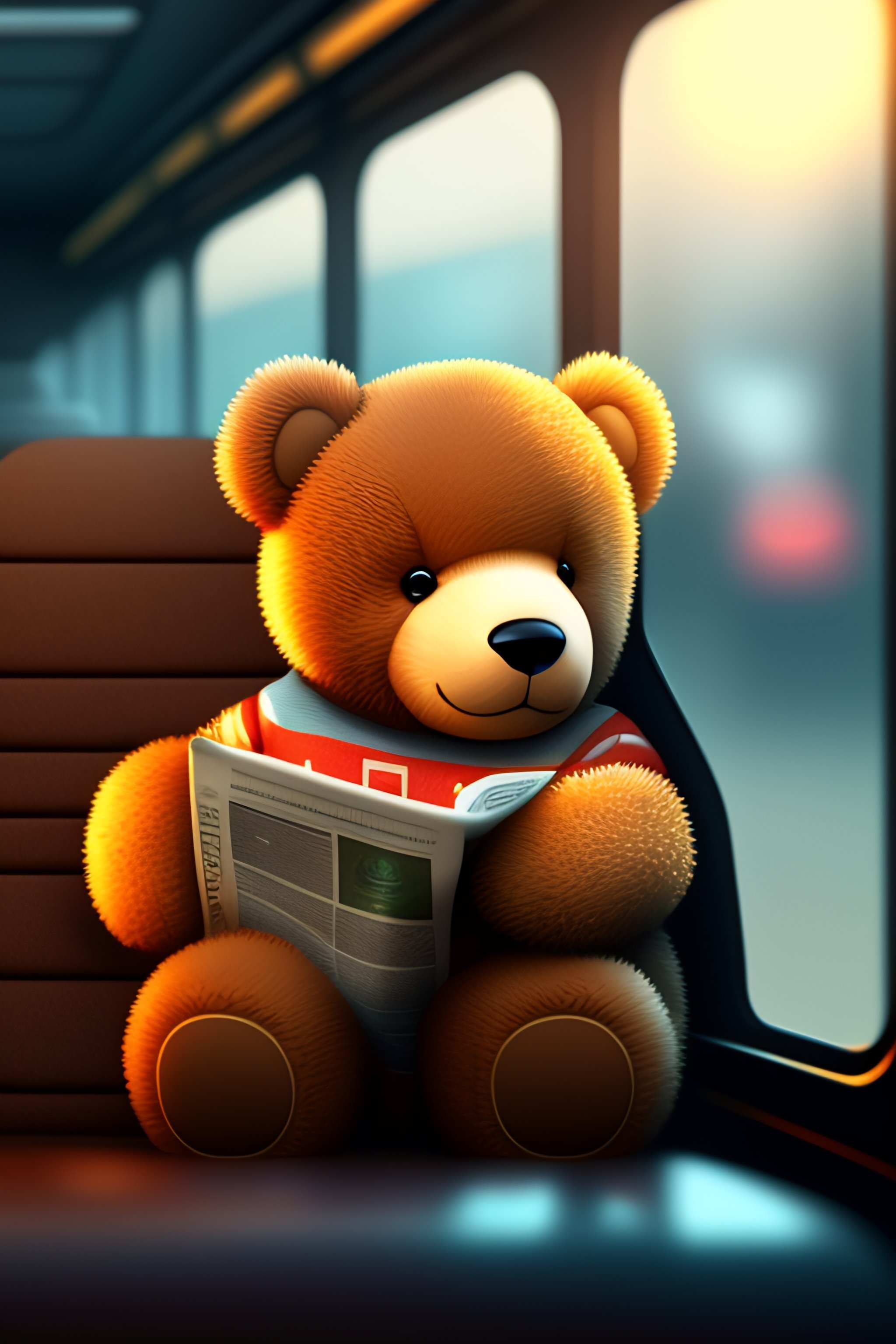 Lexica - Cute teddy bear reading newspaper in the bus, cinematic shot ...