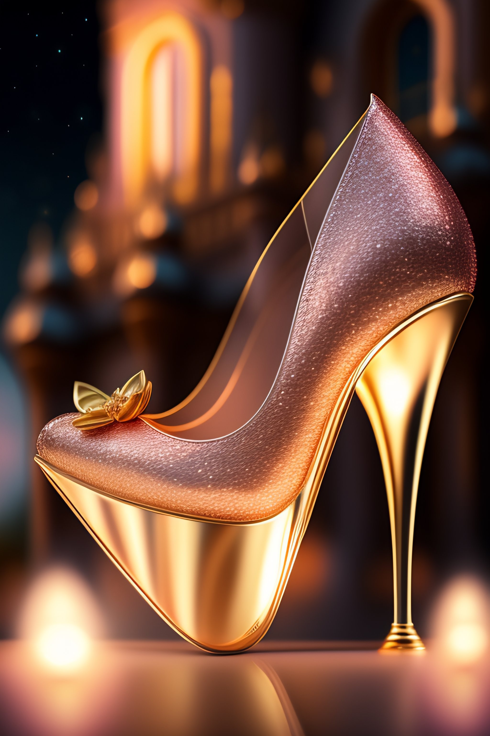 Lexica - Shiny clear intricate high heel shoe in front of a castle, 8k ...
