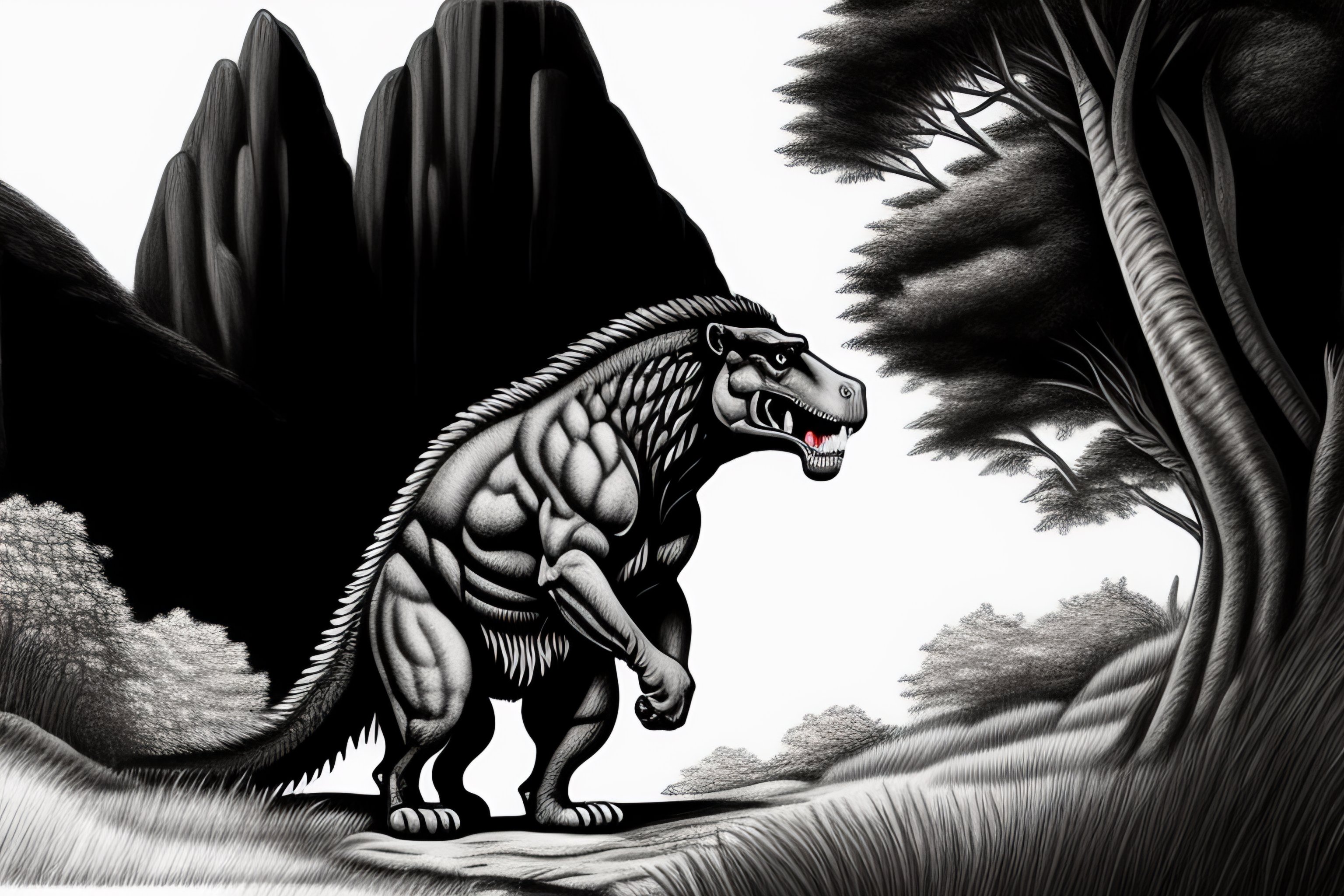 Lexica - Landscape drawing of a muscular caveman with a spear standing ...