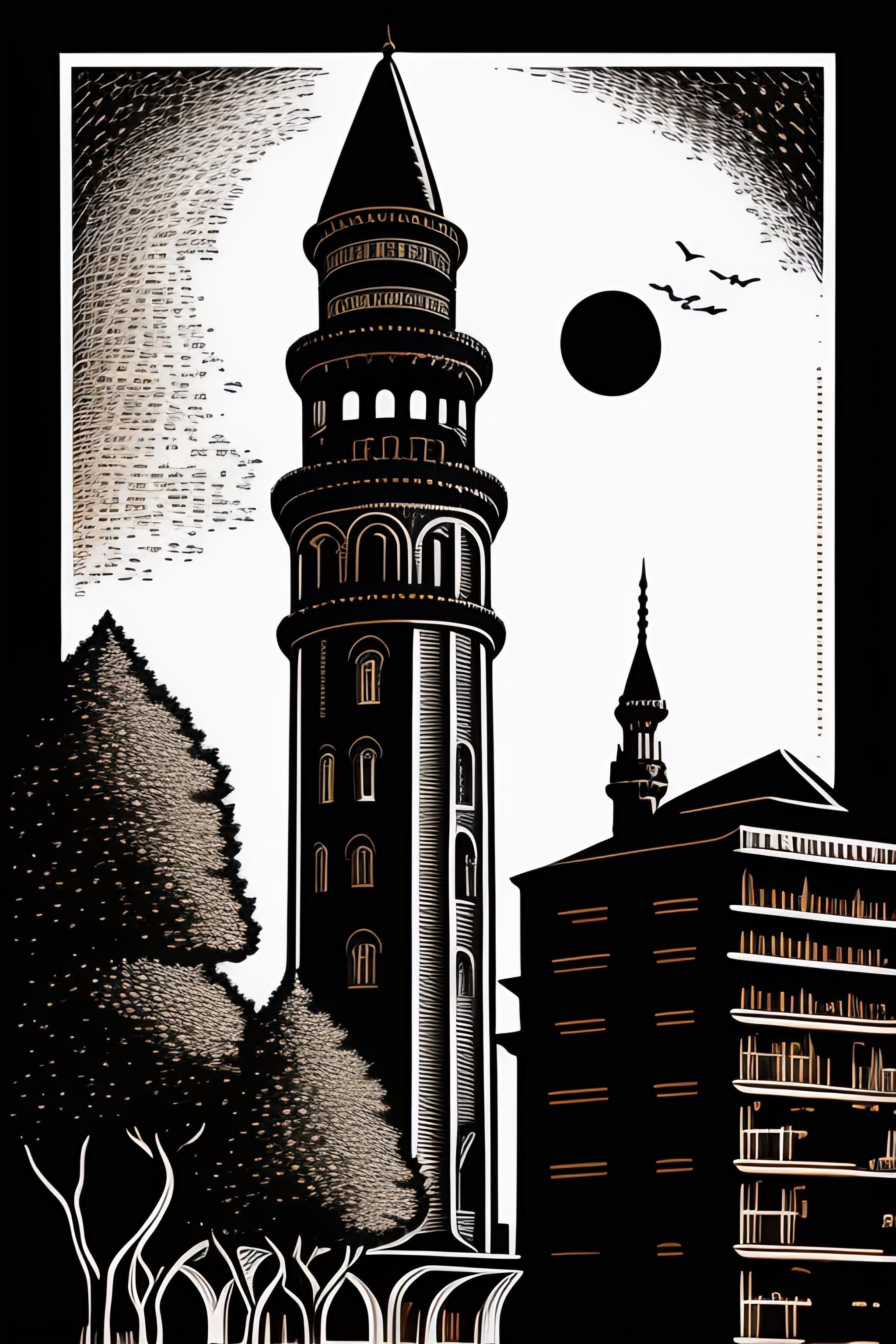 Lexica - An ultra detailed linocut art of a lonely and impossibly tall ...