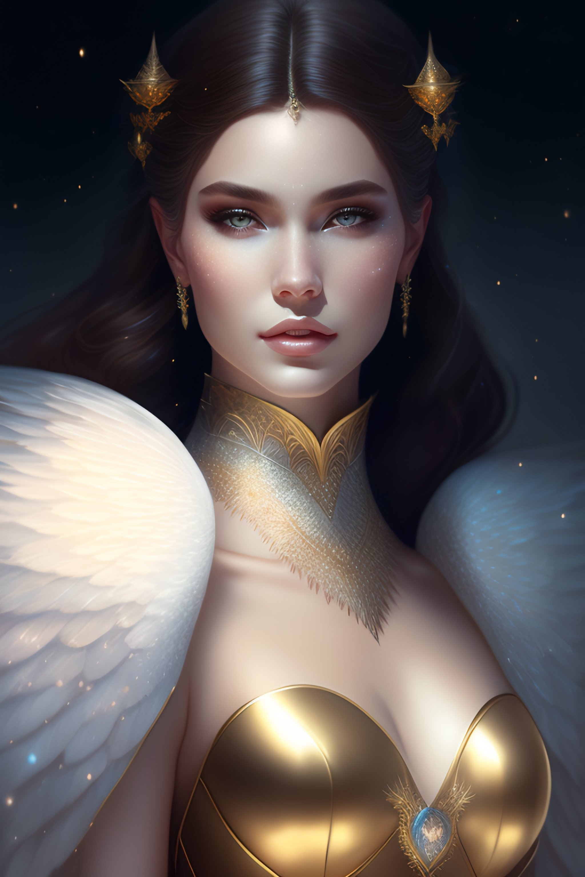 Lexica - A beautiful cinematic female winter goddess, cristal dress, ice wing, galatic shamen ...