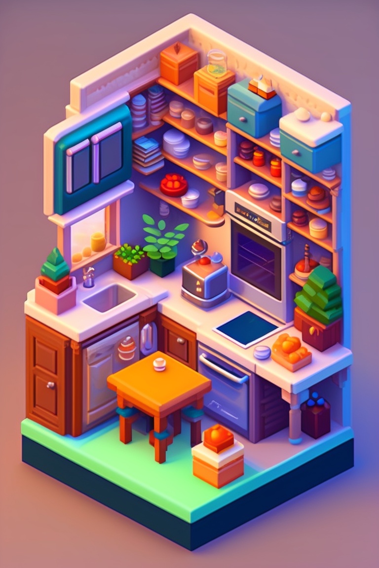 Lexica - Isometric tiny kitchen. Pixel art, detailed.