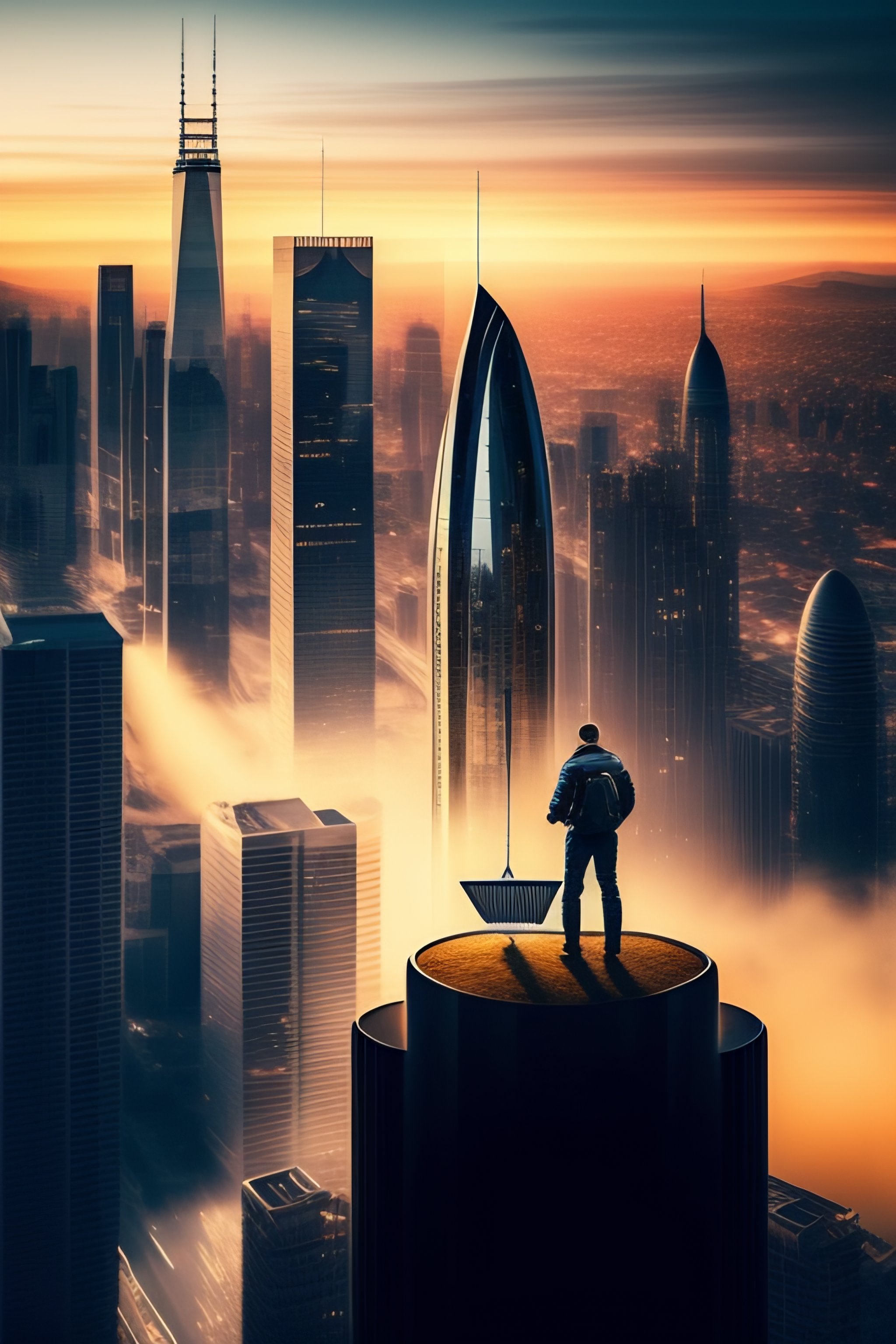 Lexica - Man flying on a broomstick over the city