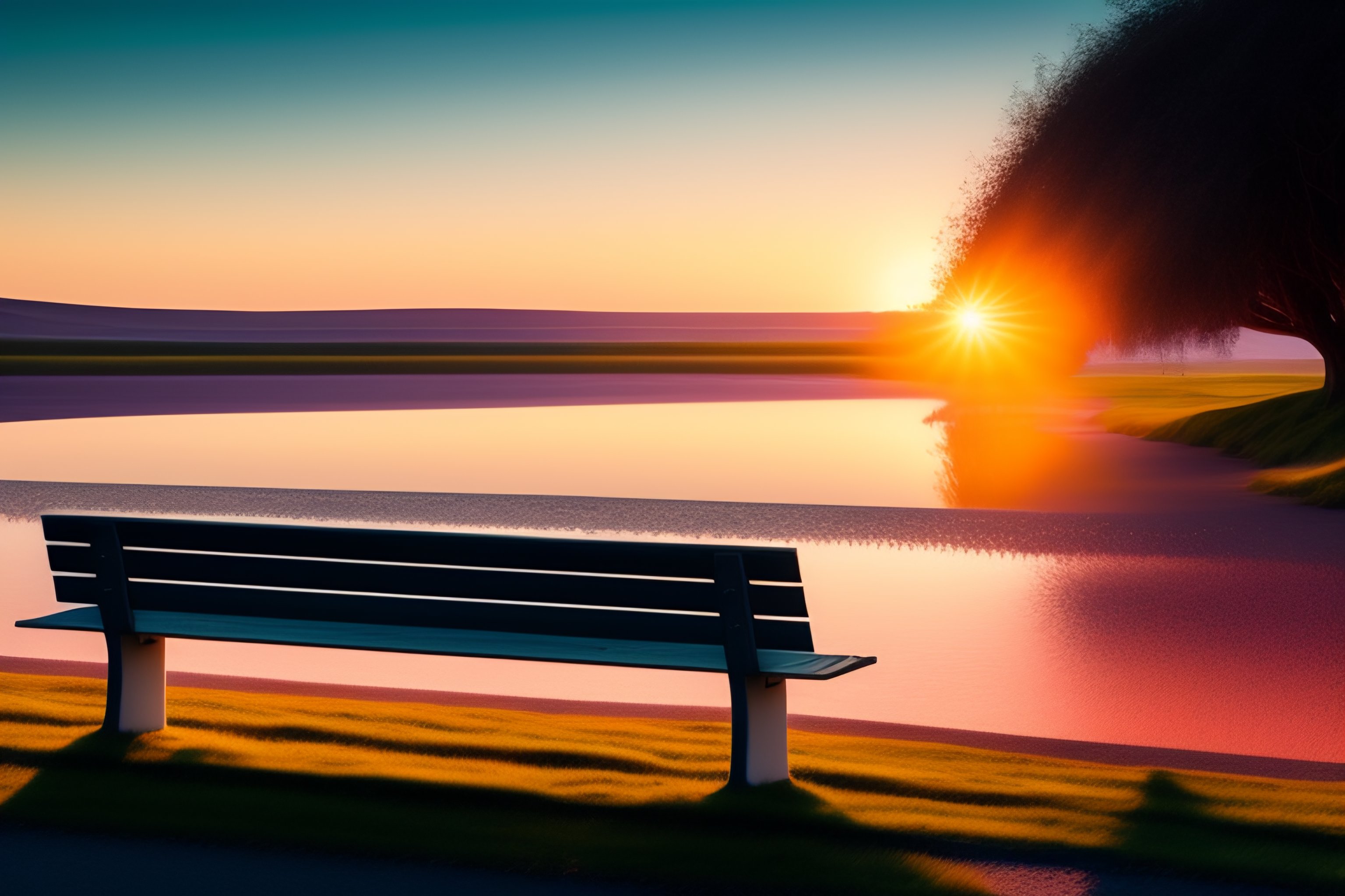 Lexica - Peaceful bench a beautiful landscape in front of it at sunset ...