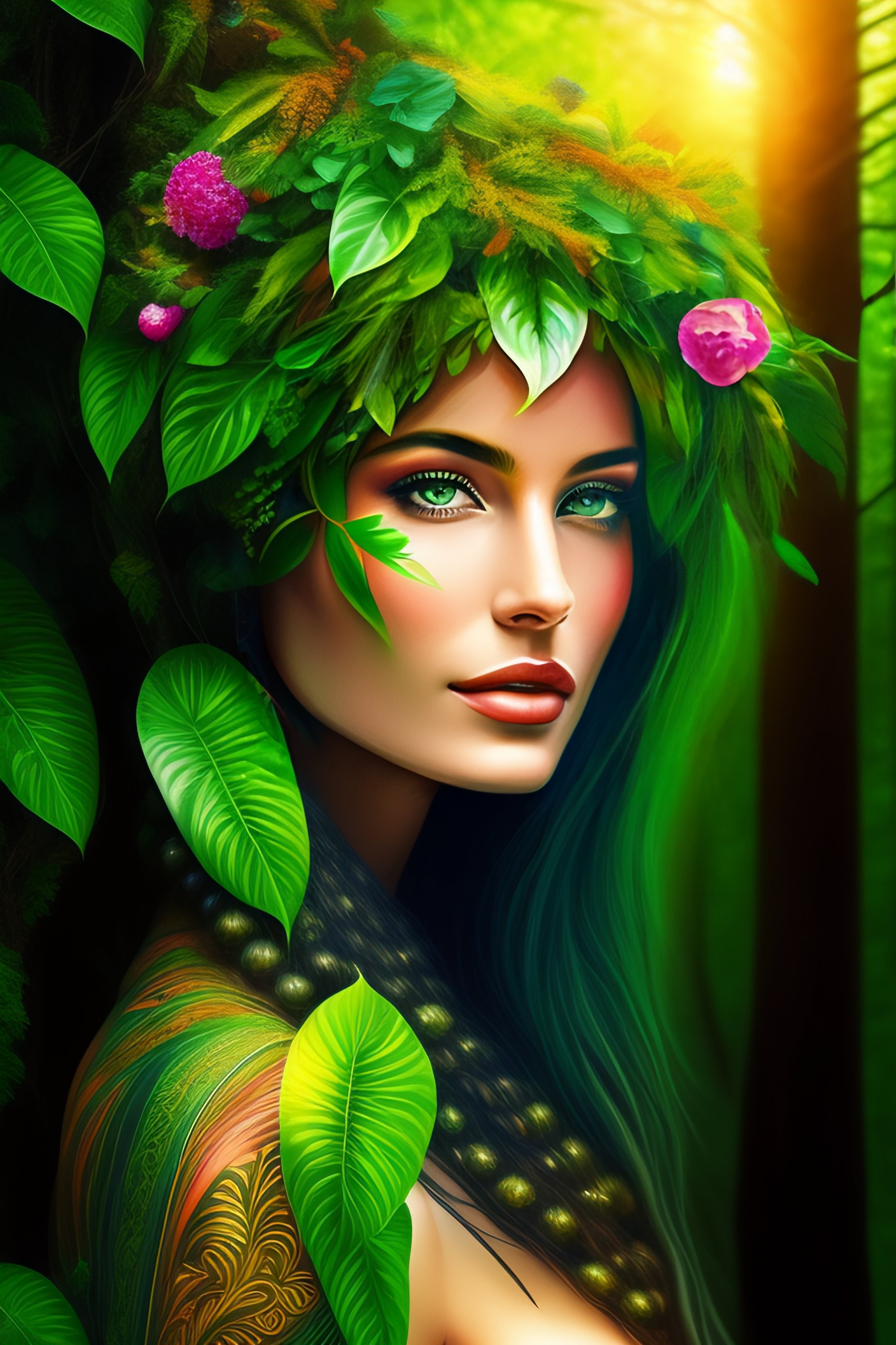 Lexica - Portrait of a beautiful forest goddess with dense foliage for ...