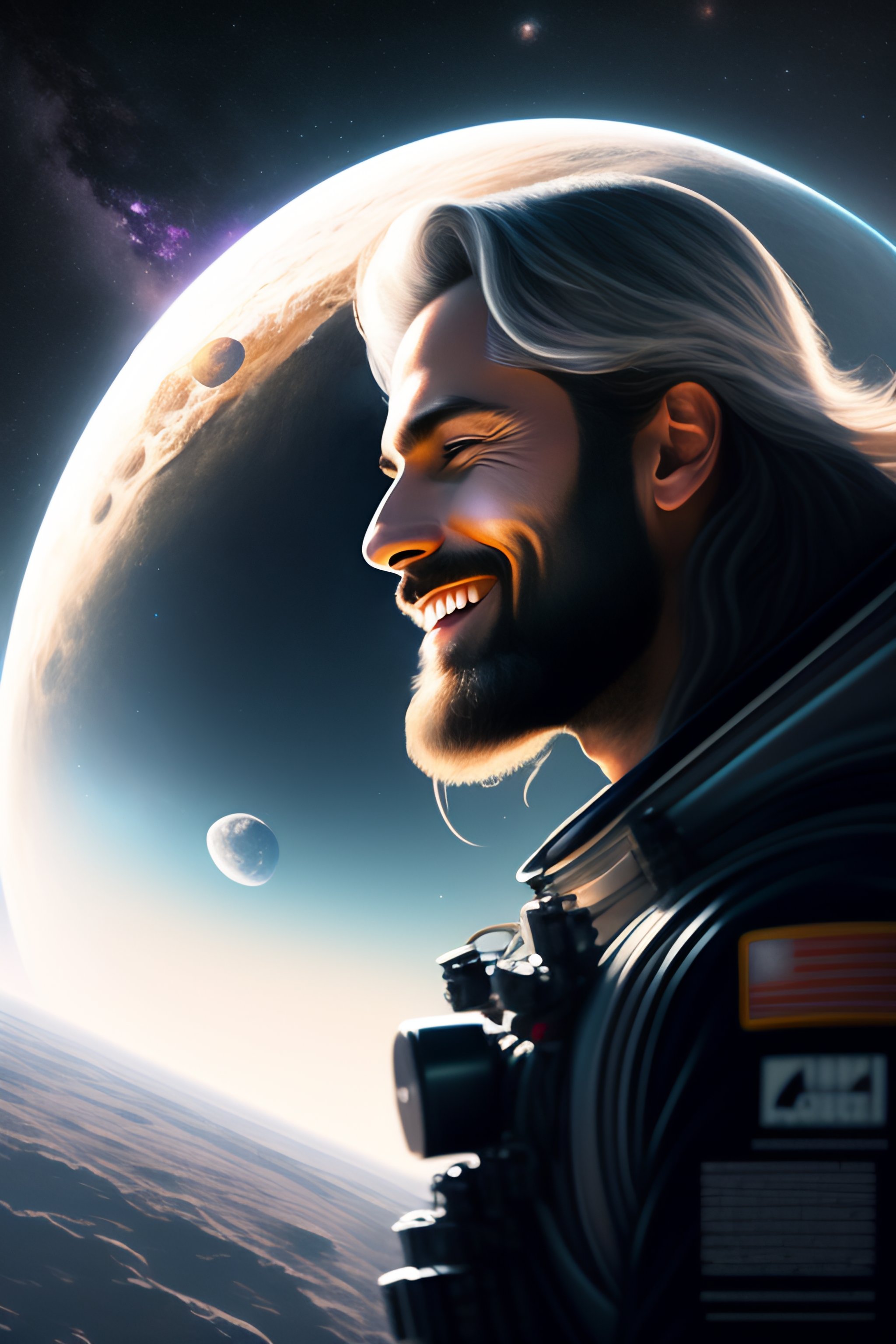 Lexica - Portrait of a smiling male gray long hair and beard astronaut ...