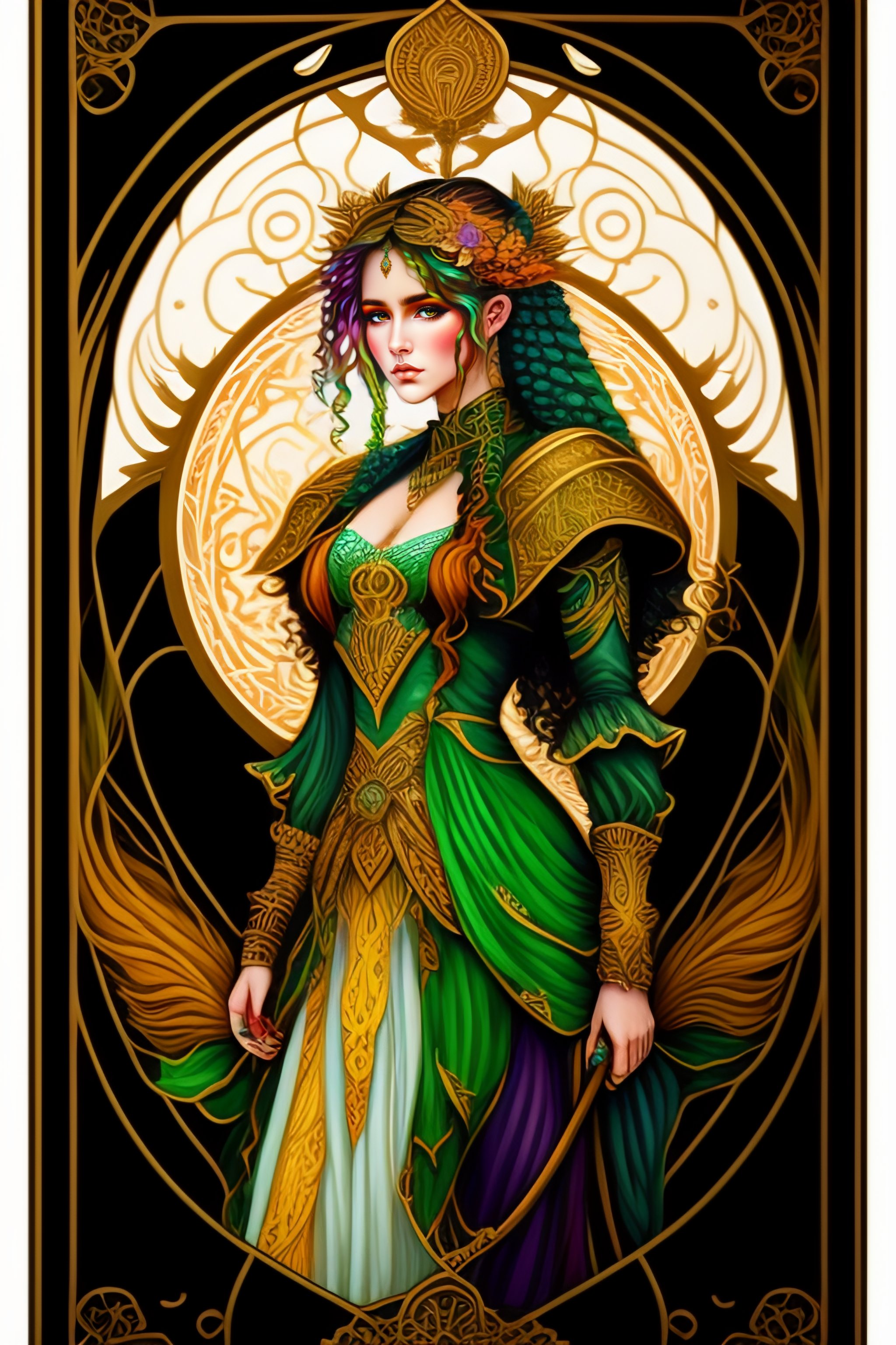 Lexica - Alphones mucha girl warrior with curly green hair piercing ...