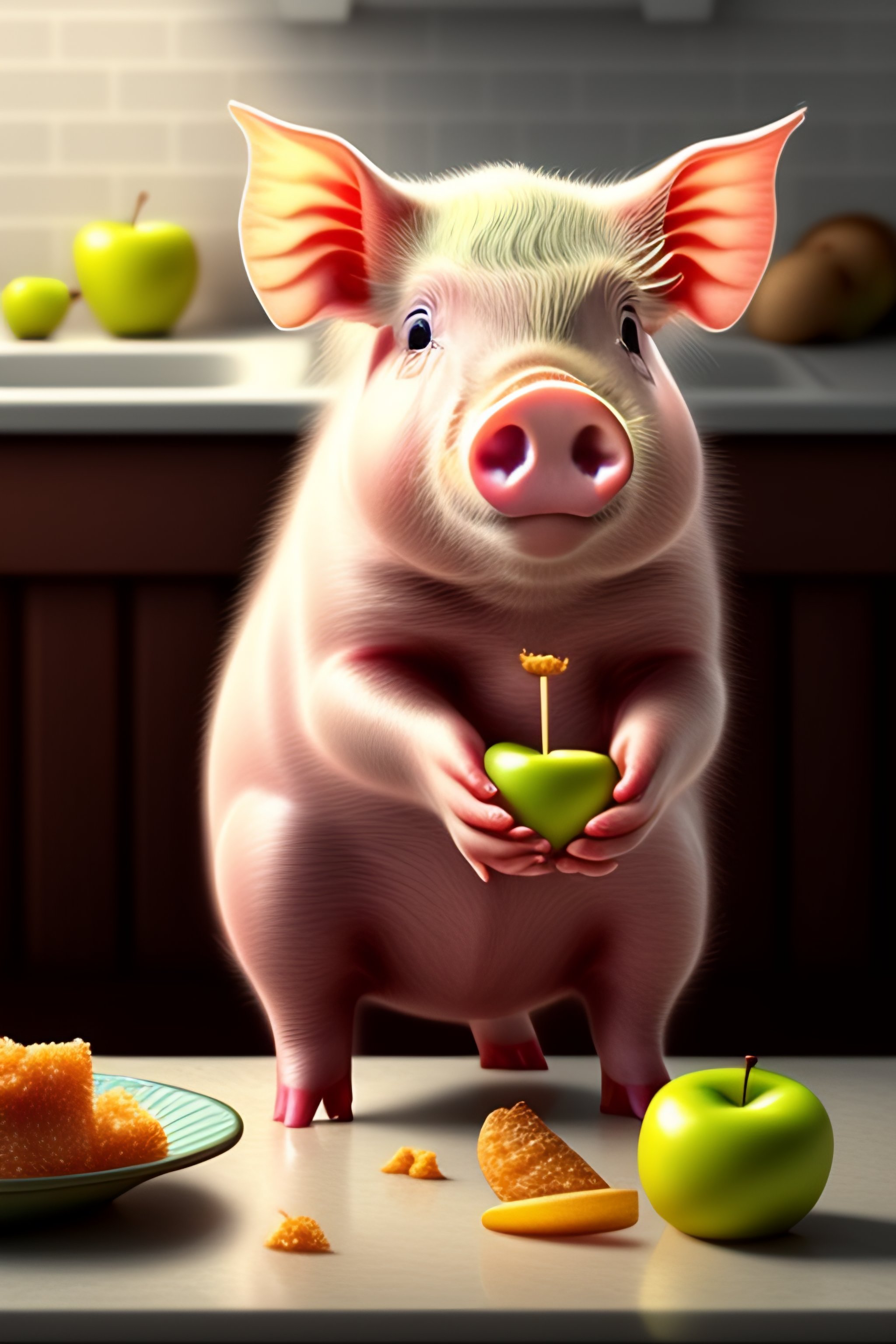 Lexica - Cute little pig eating applesauce while sitting on a stool in ...
