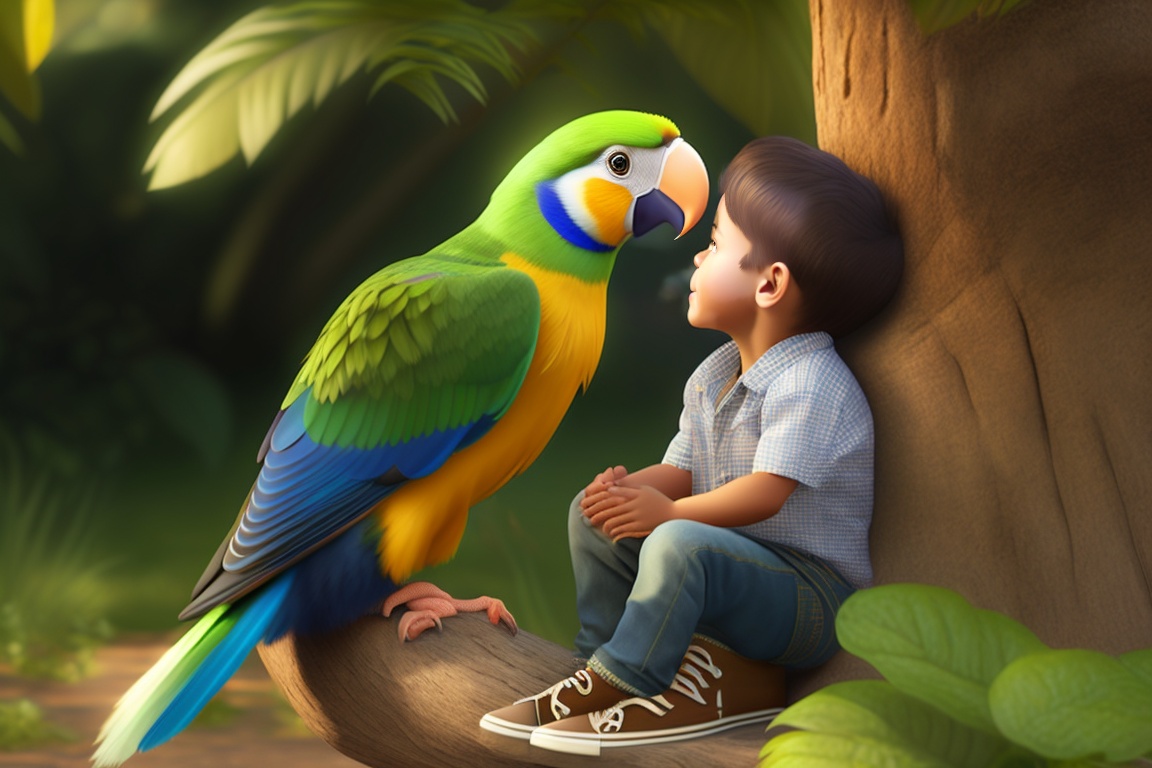 Lexica - A young boy with parrots sitting under the tree,hyper ...