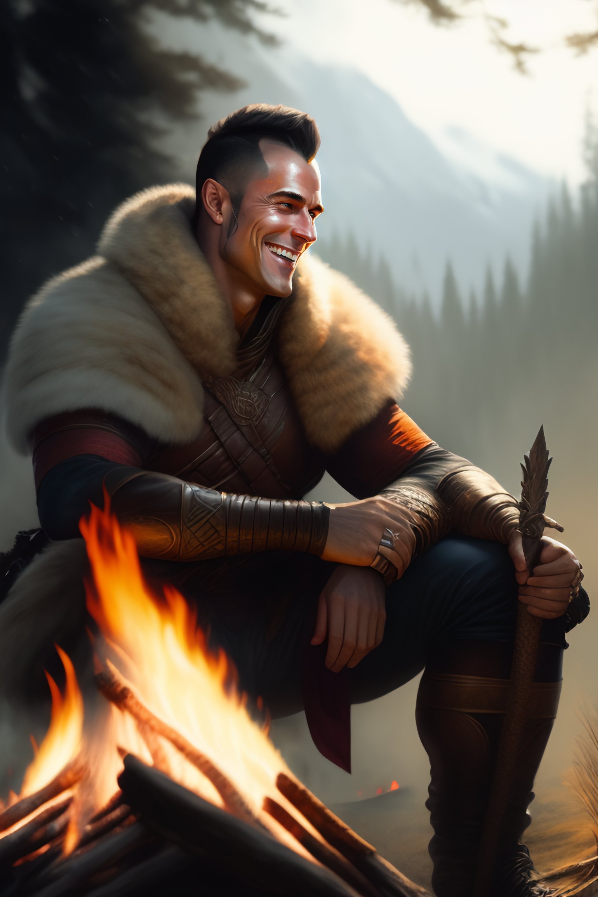 Lexica - Bald clean-shaven beowulf sitting by a campfire and laughing ...