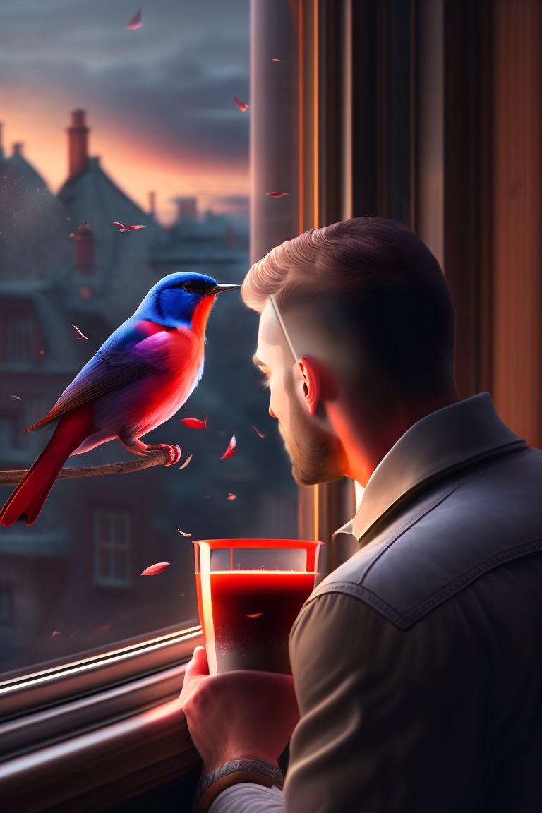 Lexica - A man, holding cup filled with blood, seeing outside window ...