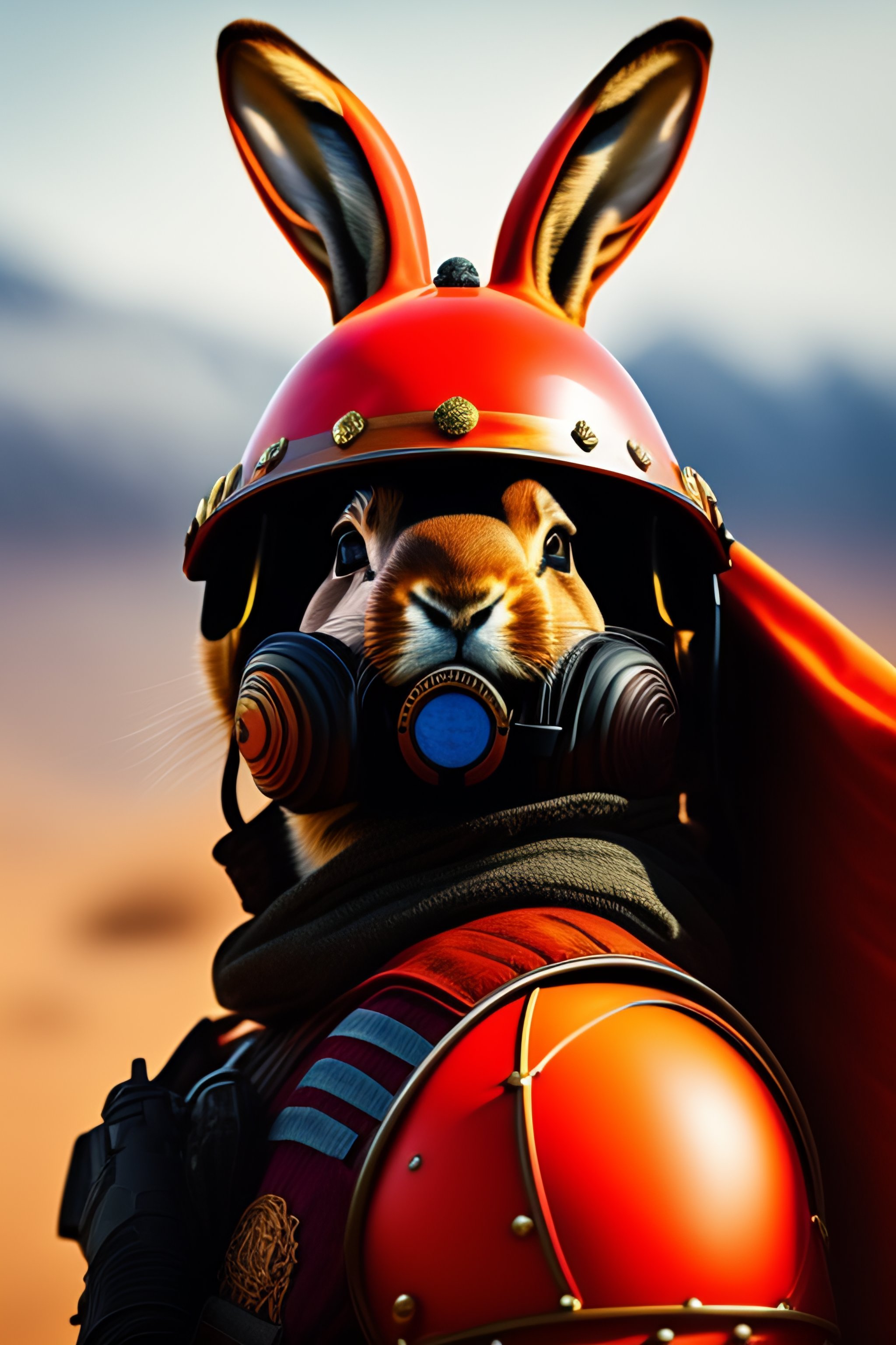 Lexica - Warrior, helmet, gun, sky, red flag, man, rabbit and carrot