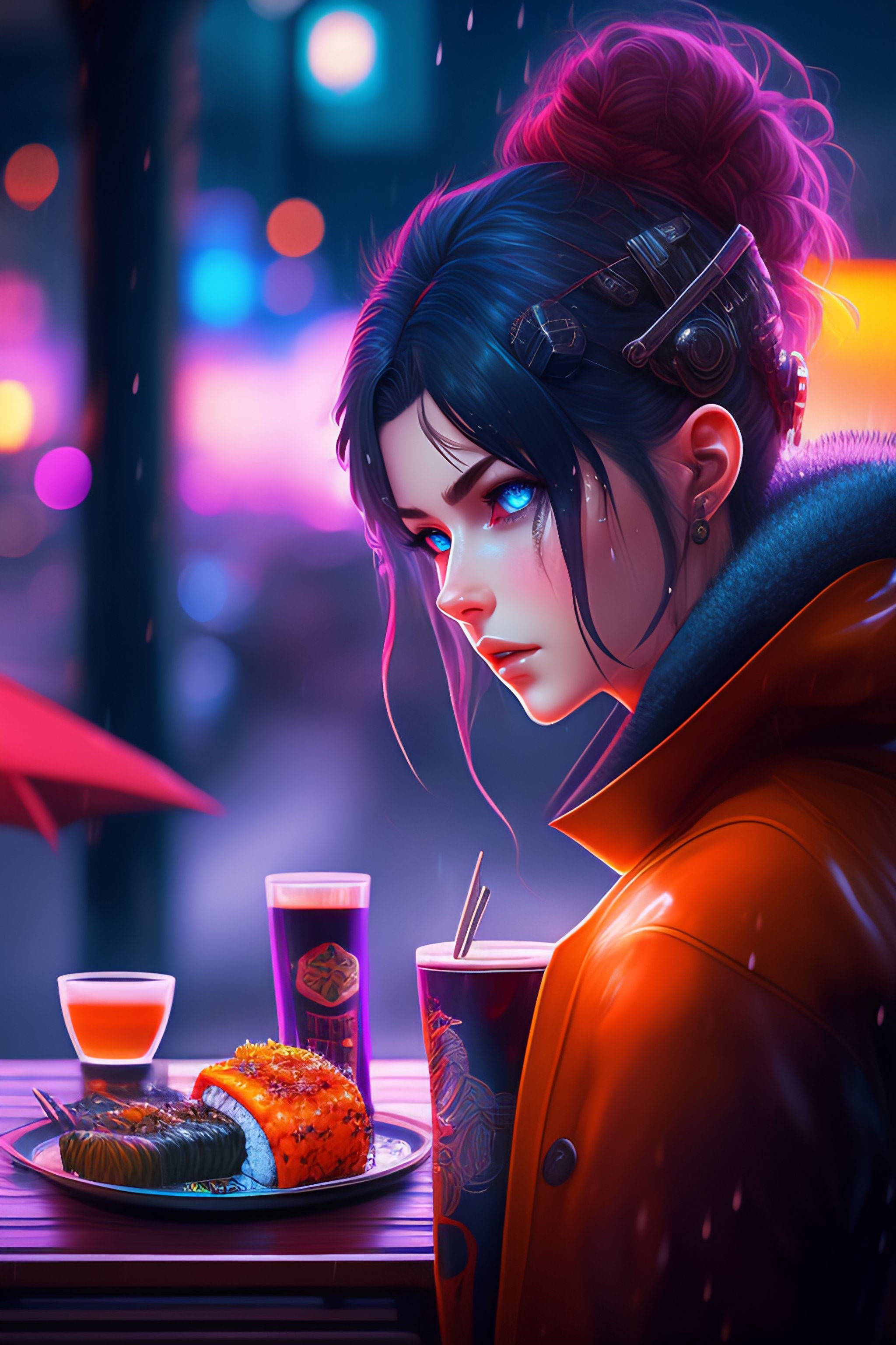 Lexica - A group of cyberpunk cyborg eating sushi on a table outside in ...