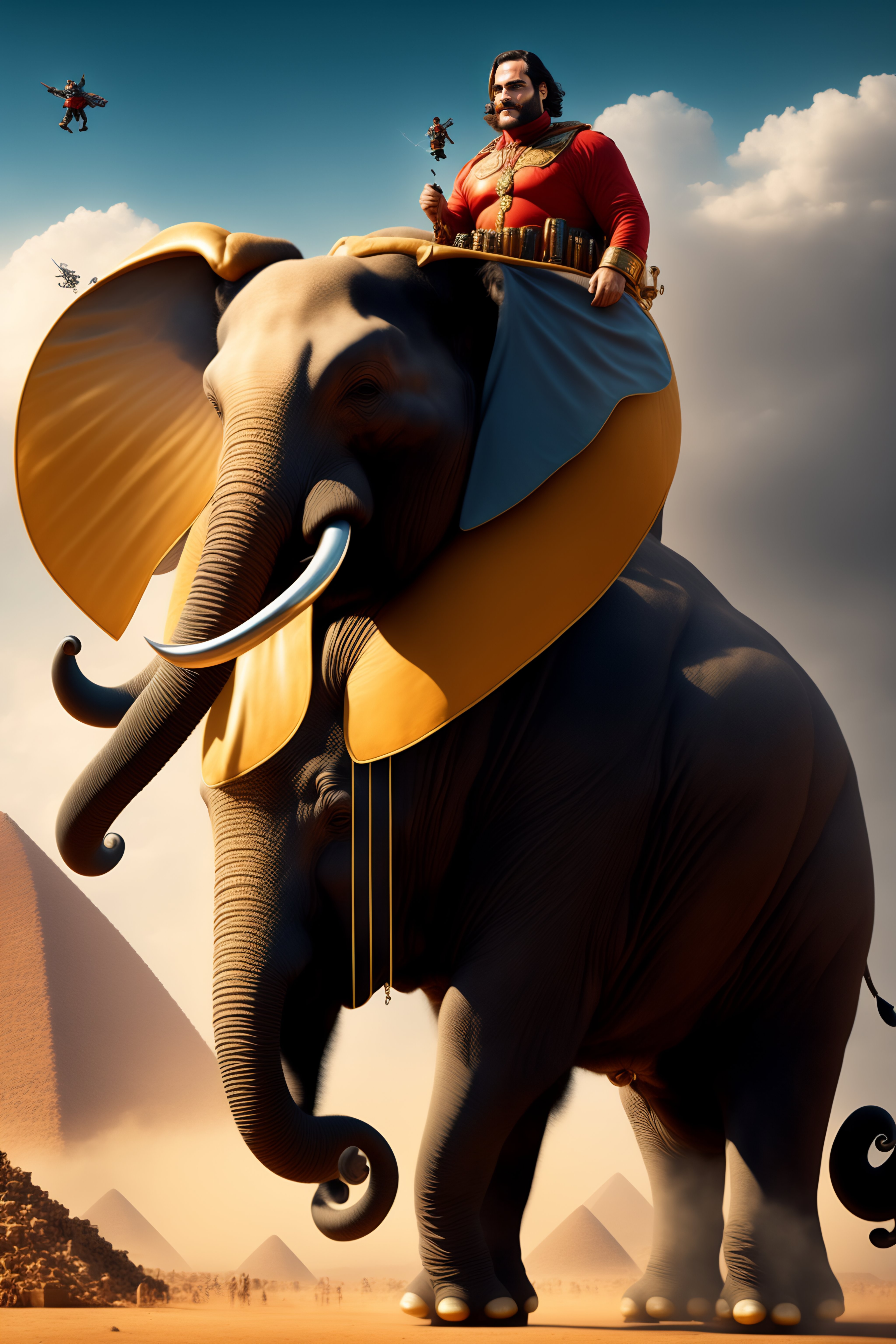 Lexica - Joaquin Phoenix riding a flying elephant above giza city ...