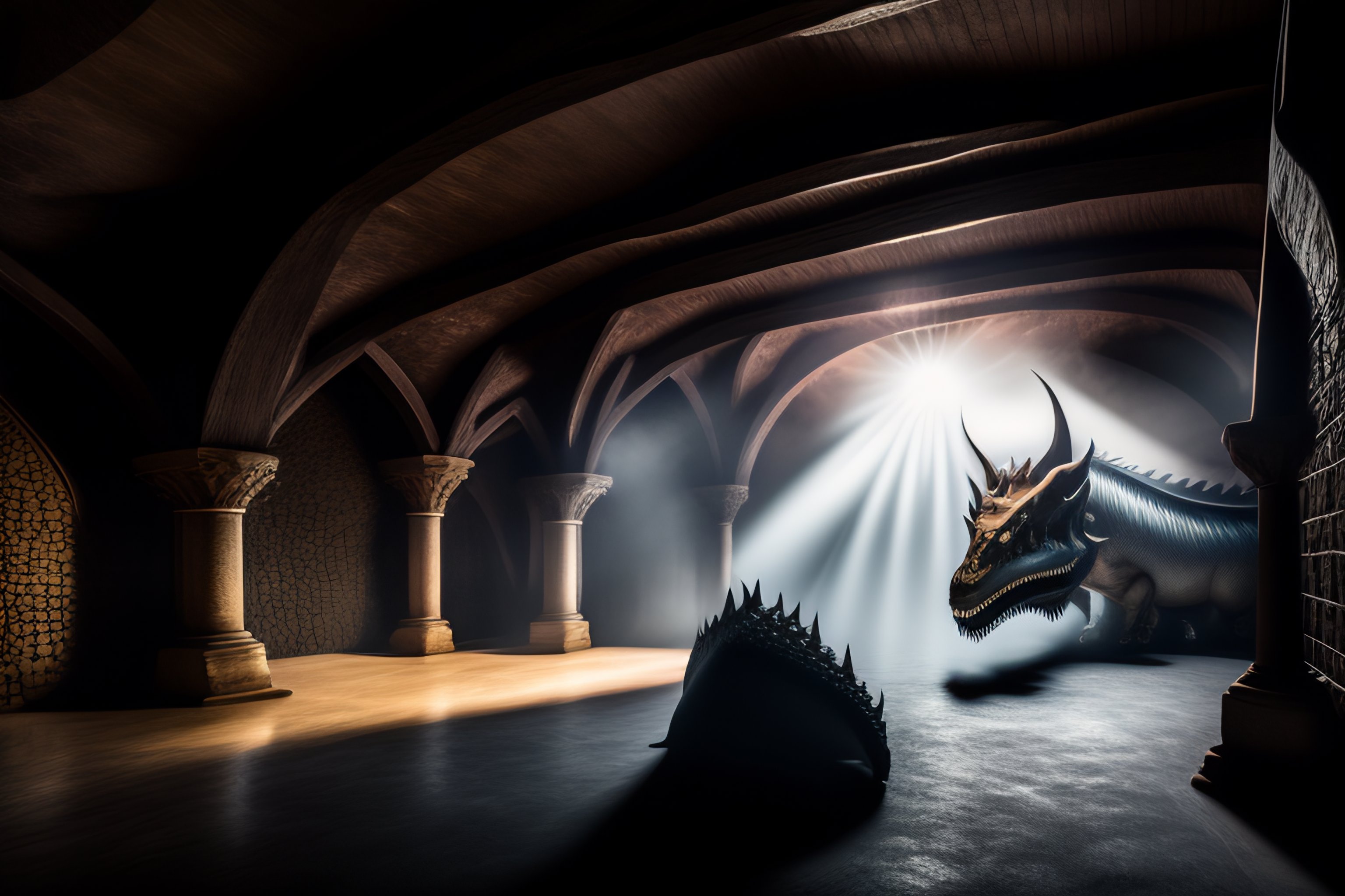 Lexica - Dark fantasy panoramic view of gothic medieval dungeon hall ...