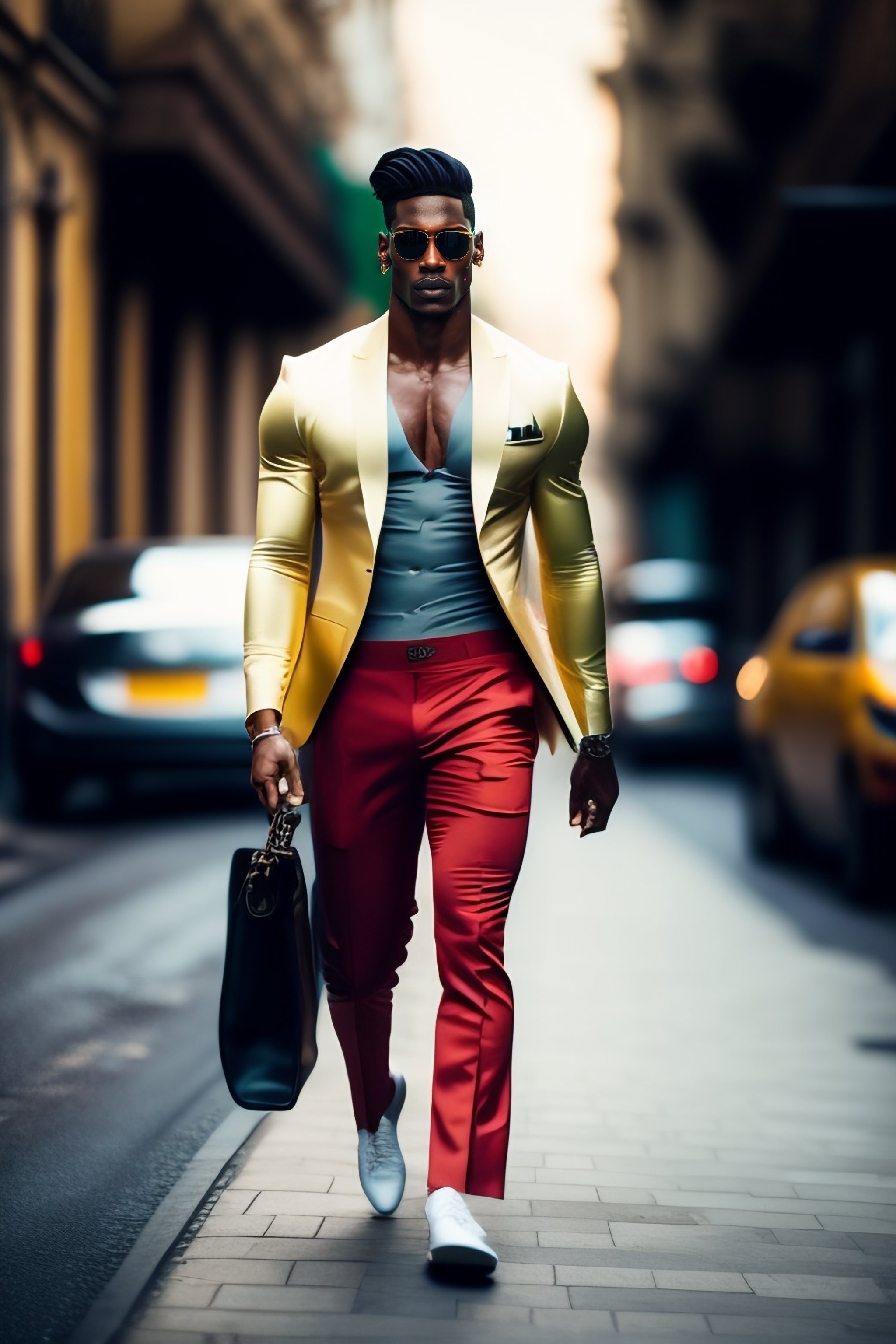 Lexica - Image of male model walking in the street, with a street style,