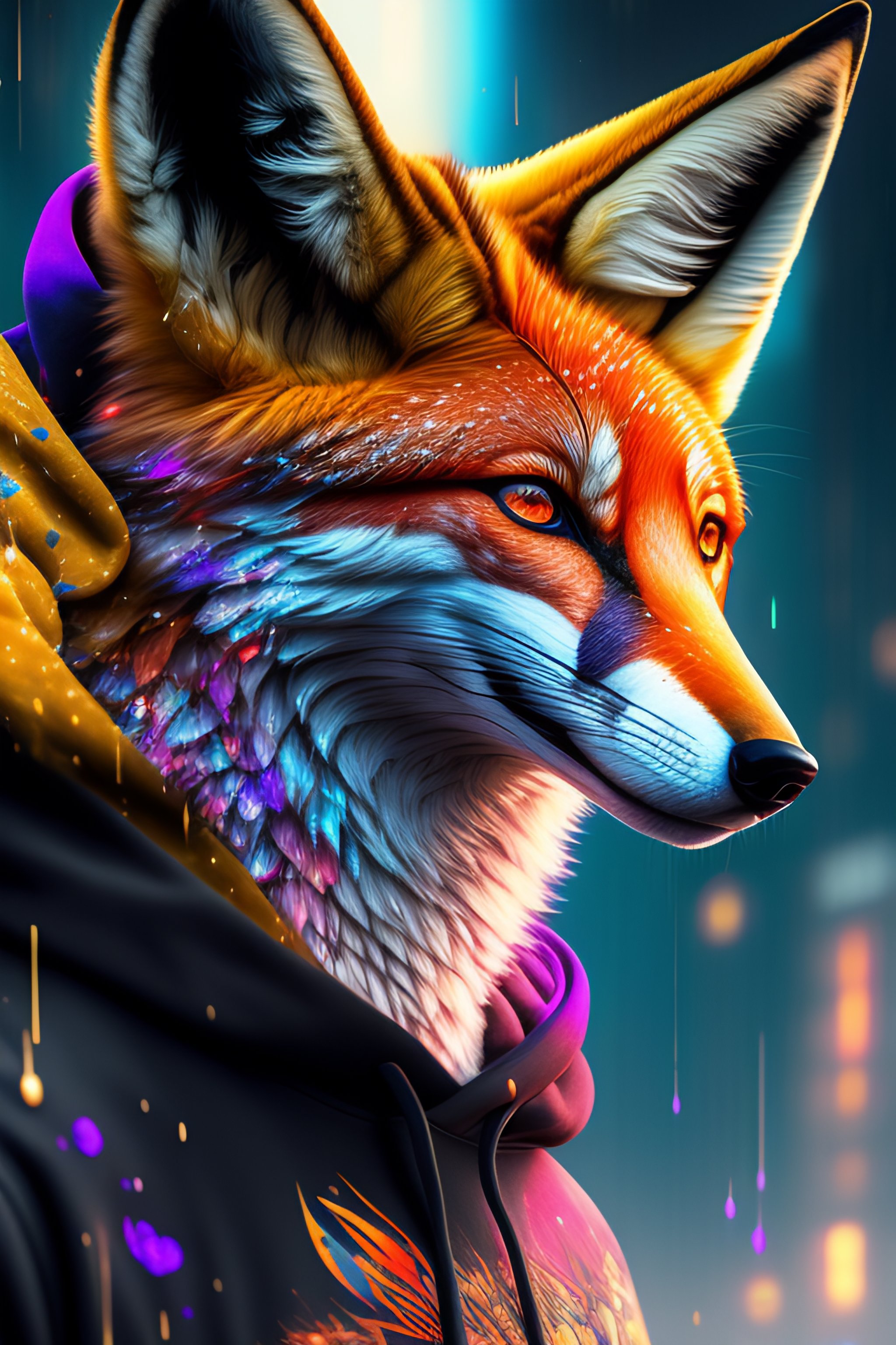 Lexica - "Shot of a glorious cyberpunk fox wearing a hoodie ...