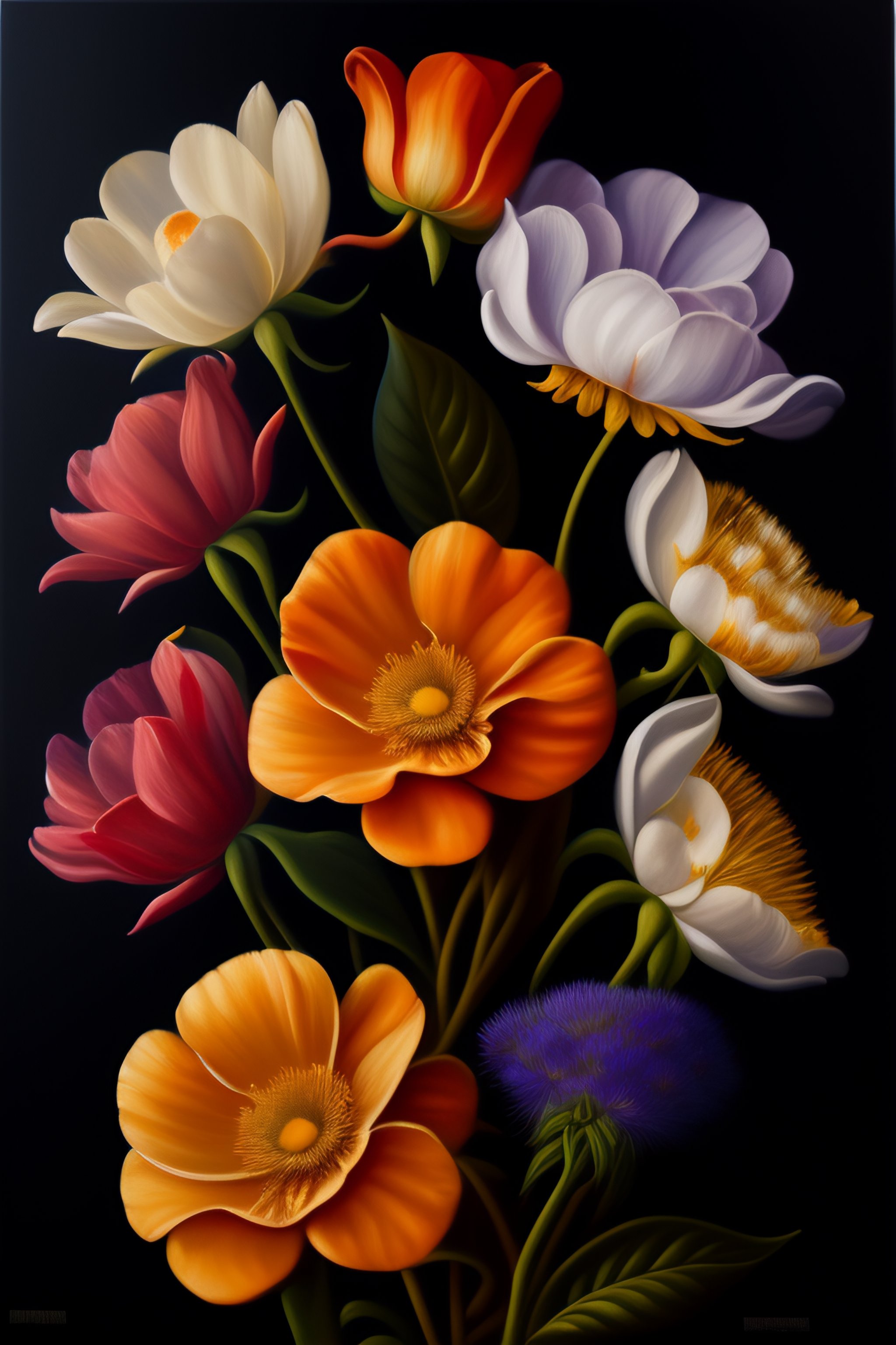 Lexica - Oil painting of many various flowers on a dark background ...