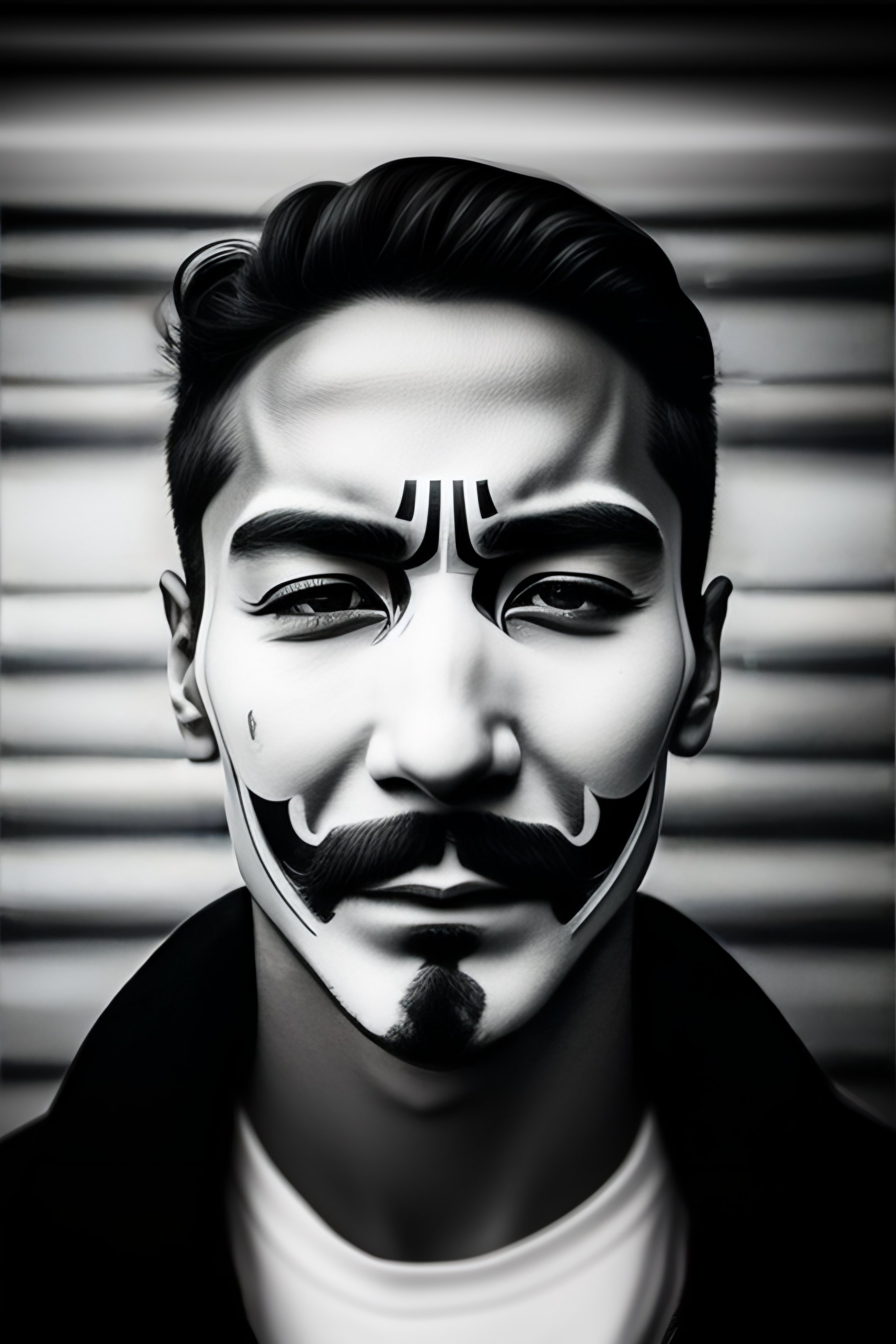 Lexica - Anonymous face , among fake people, red eyes, black and white,