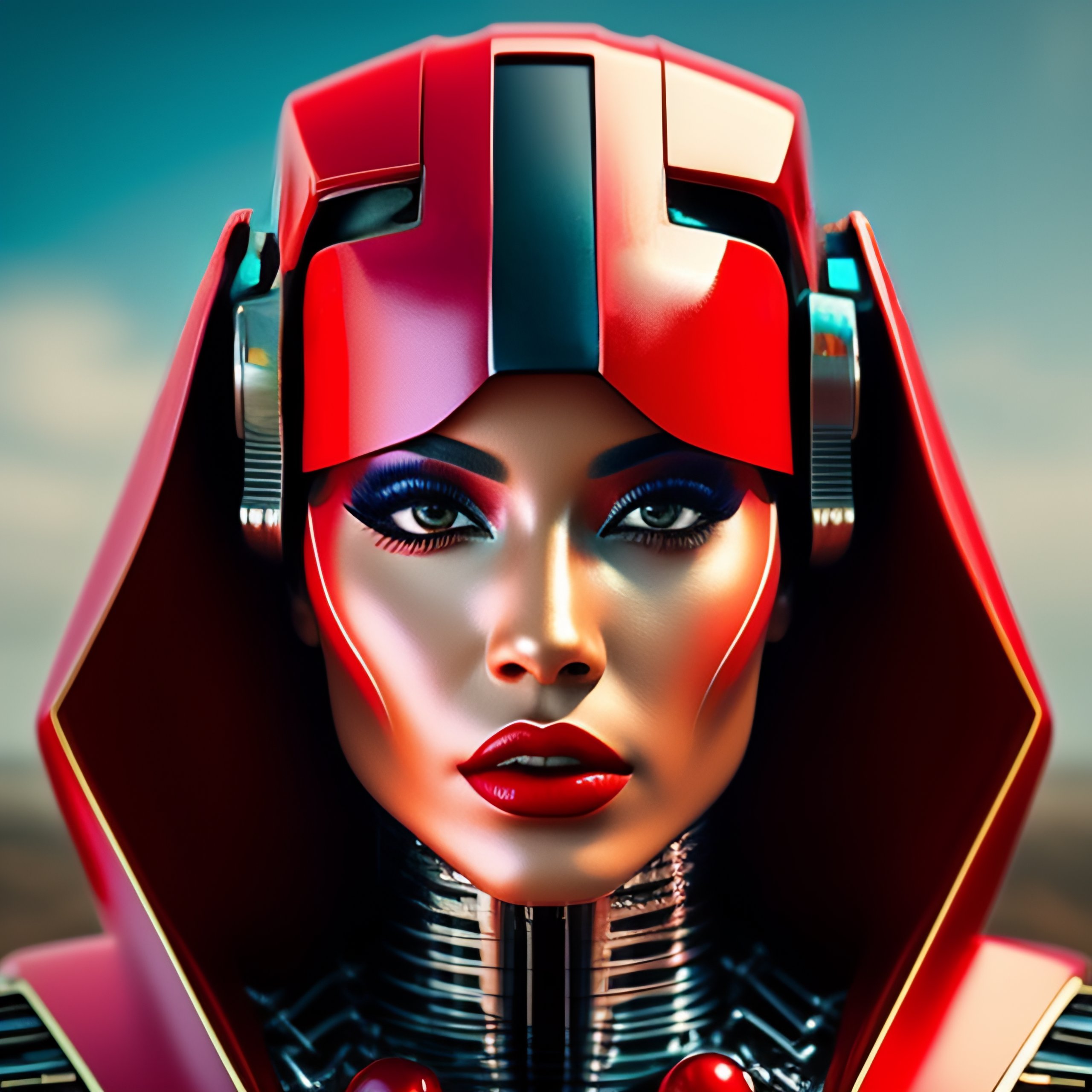 Lexica - A robot transformer in the shape of a female, perfect, red ...