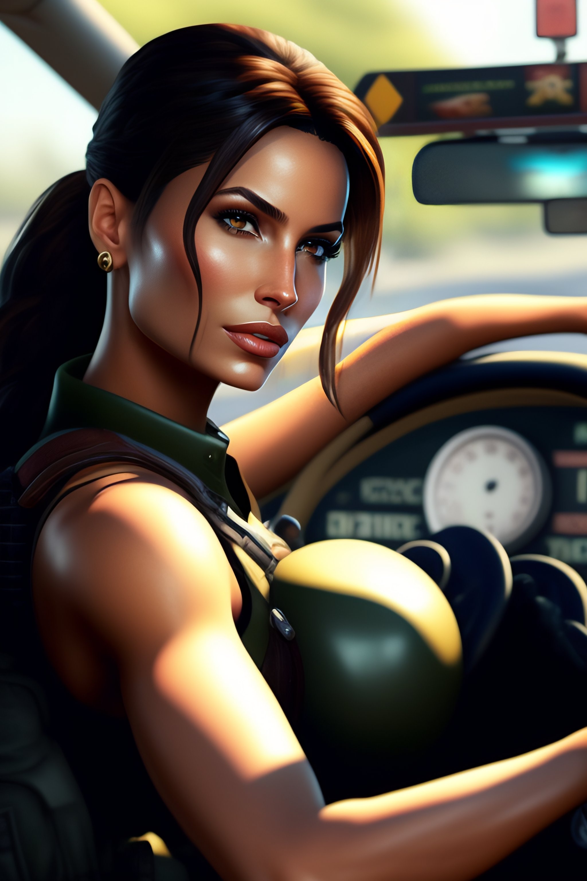 Lexica - Lara croft as a taxi driver, driving inside a car