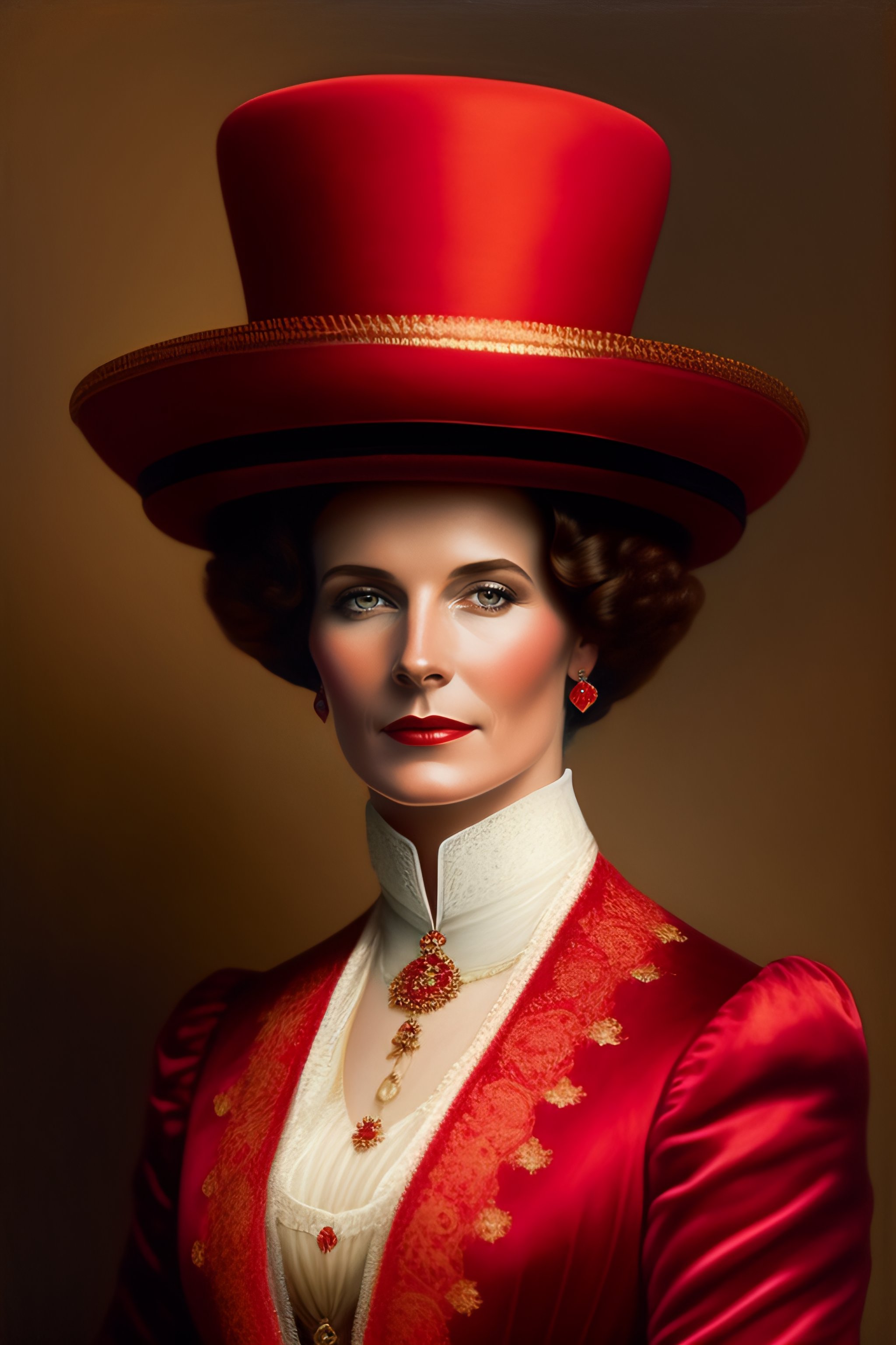Lexica An Middle Aged Edwardian Woman Wearing A Crimson Red Ensemble With A Large Decorated Hat