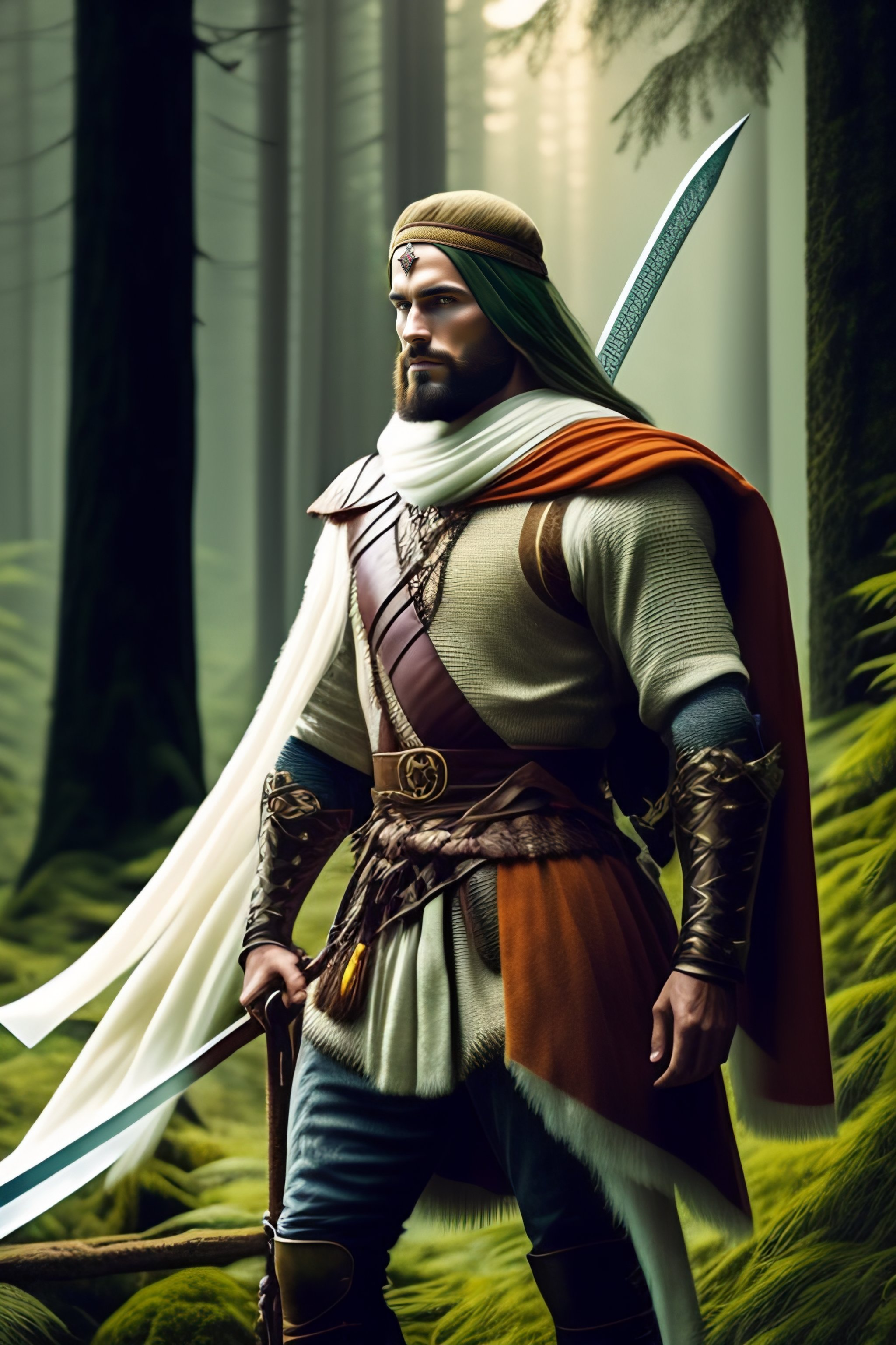 Lexica - Ranger medieval men in forest with sword hair white