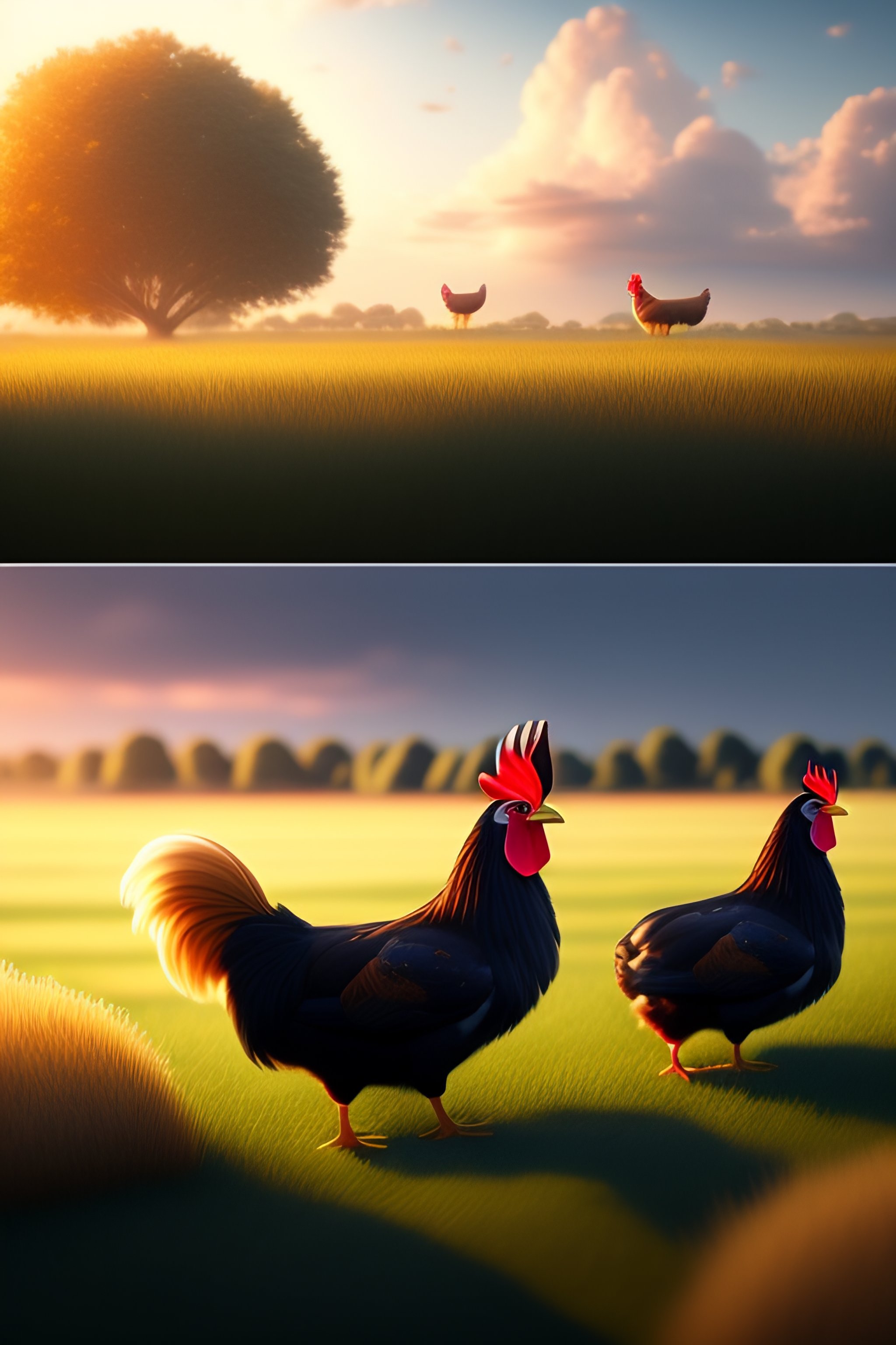 Lexica - Chickens in field, sunny day with clouds, unreal 5 render ...