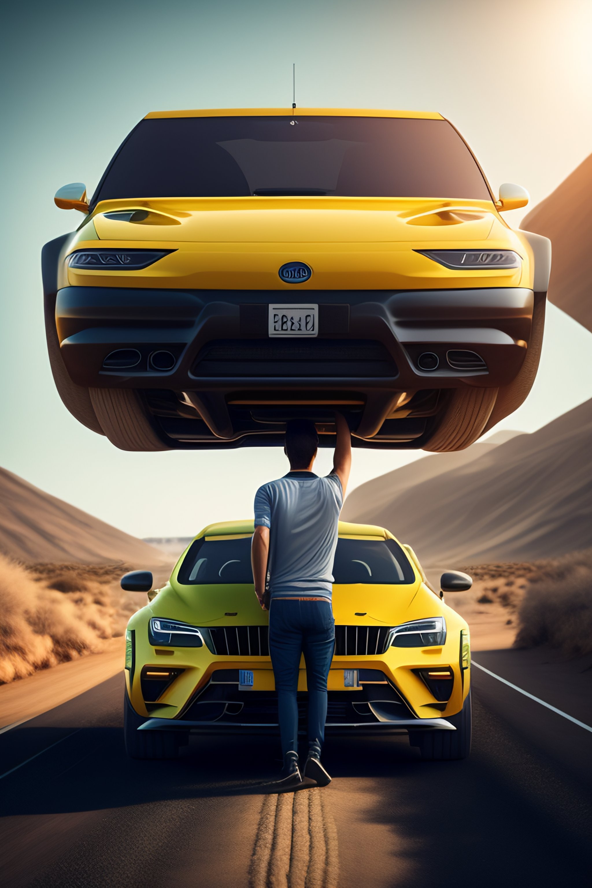 Lexica - A Man carrying a car on his head.