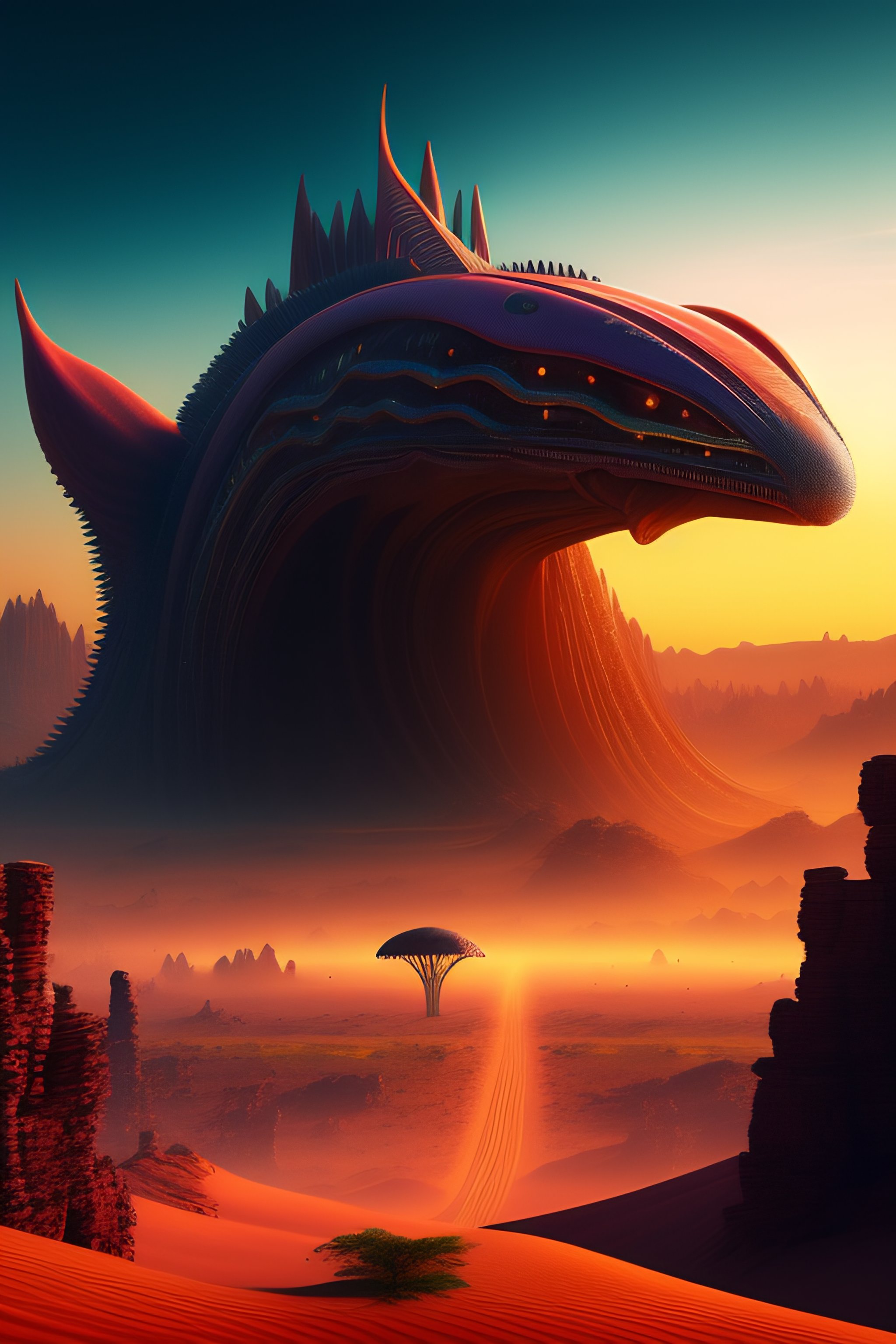 Lexica - Incredible alien creature in impossible landscape, 8k resolution