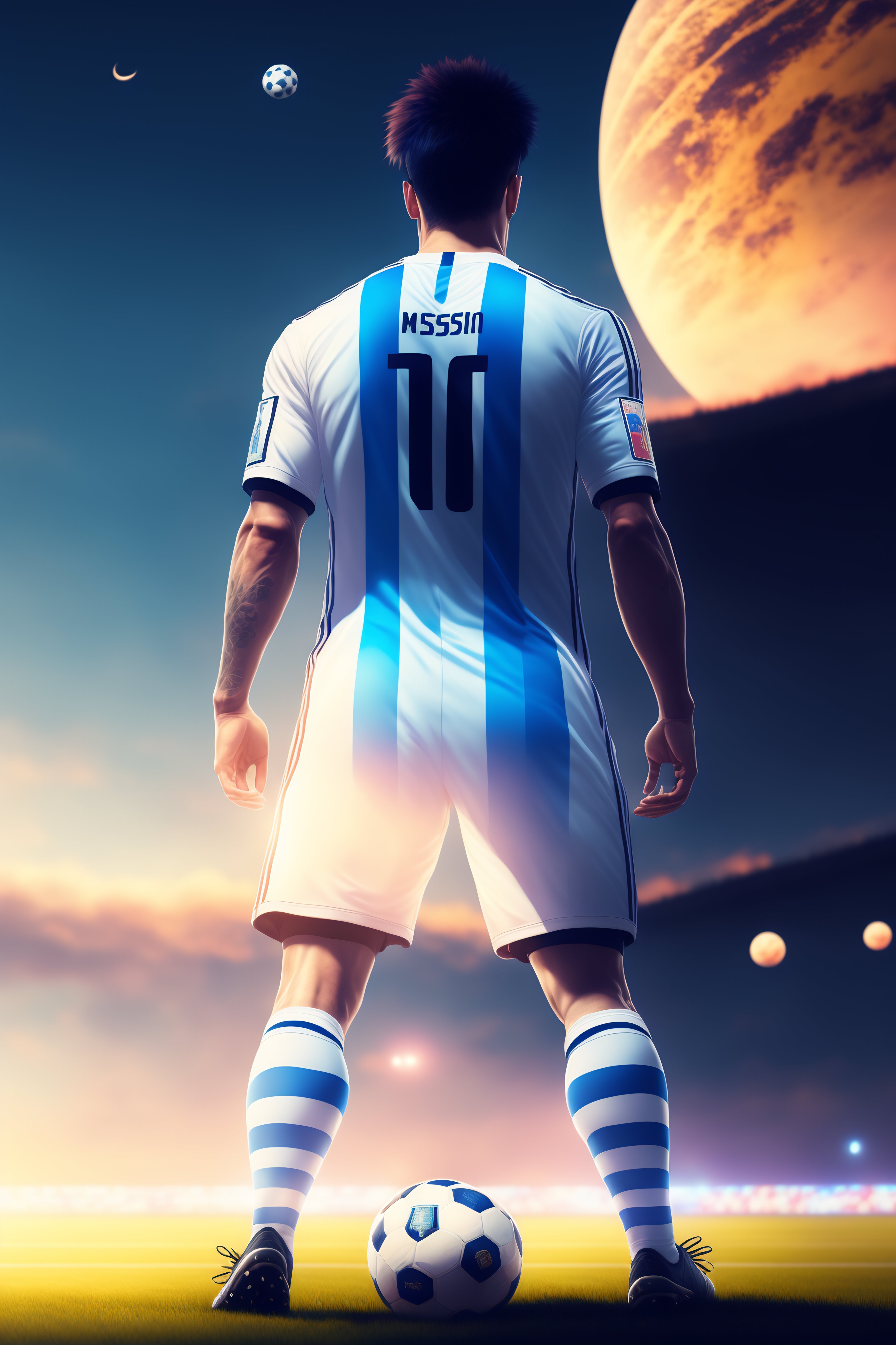 Lexica - Back of Argentine Footballer Messi, Blue and white stripes ...