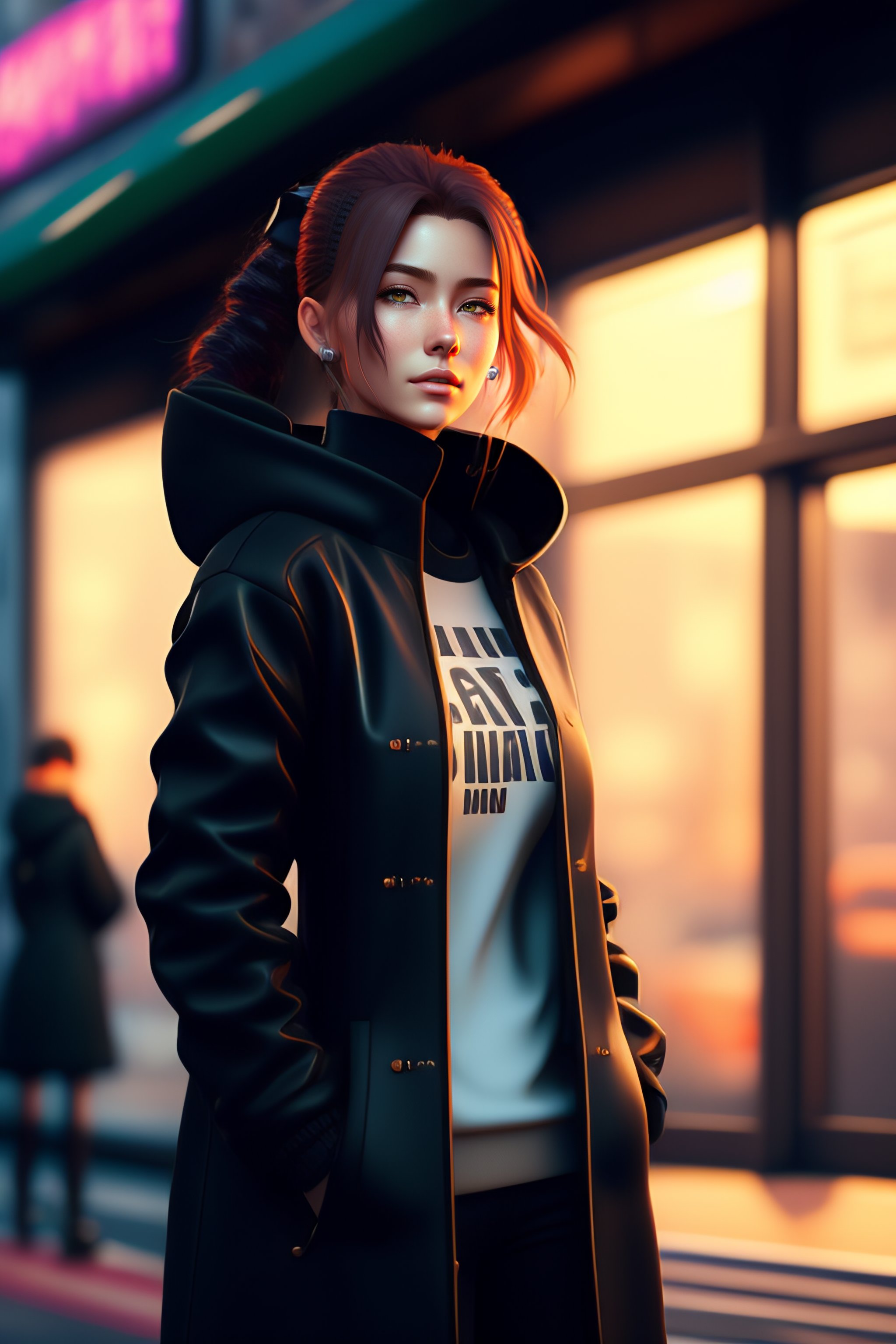 Lexica - Cyberpunk city setting. Realistic young anime white woman ...