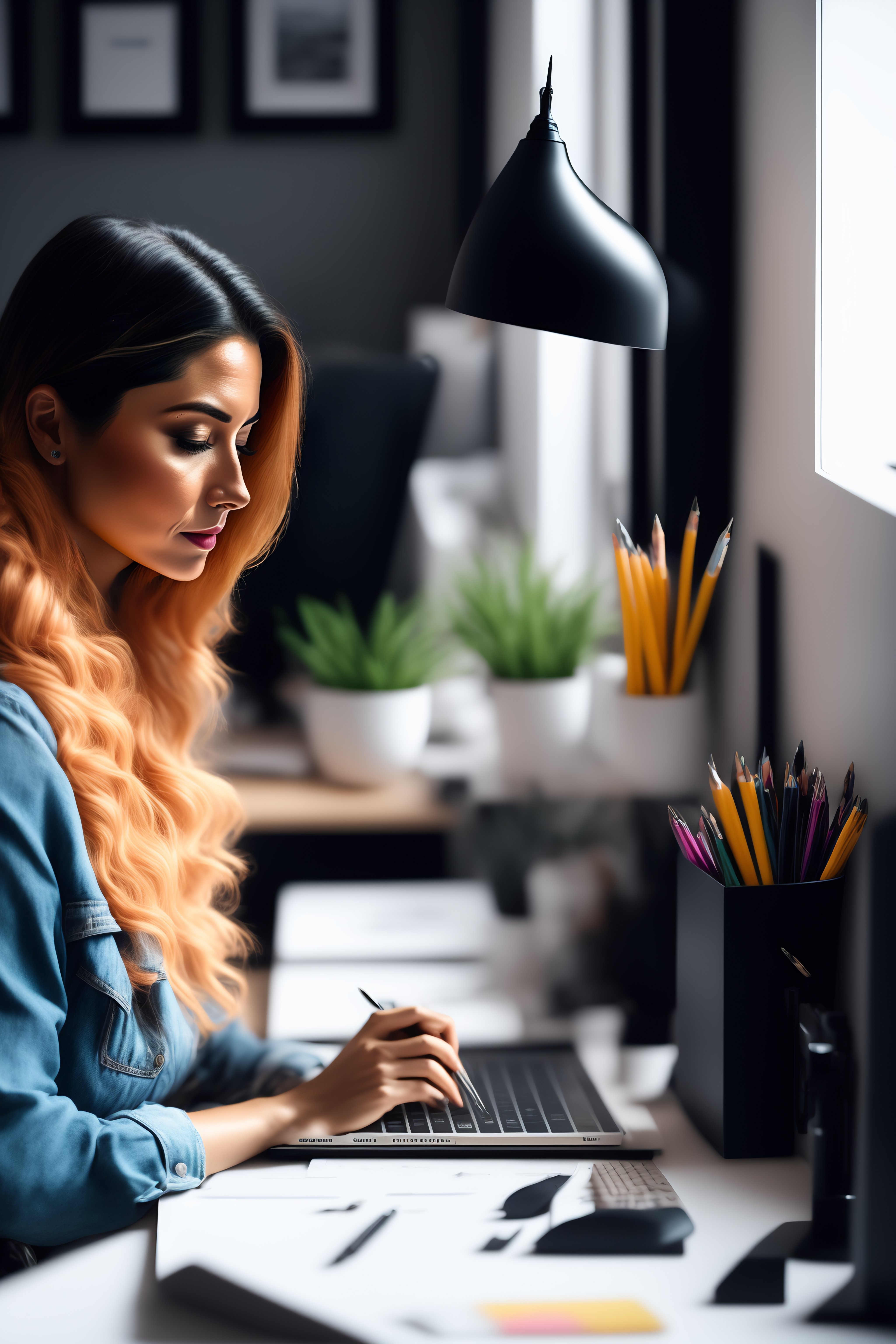 Lexica - Portrait of a graphic designer working at her desk in an office
