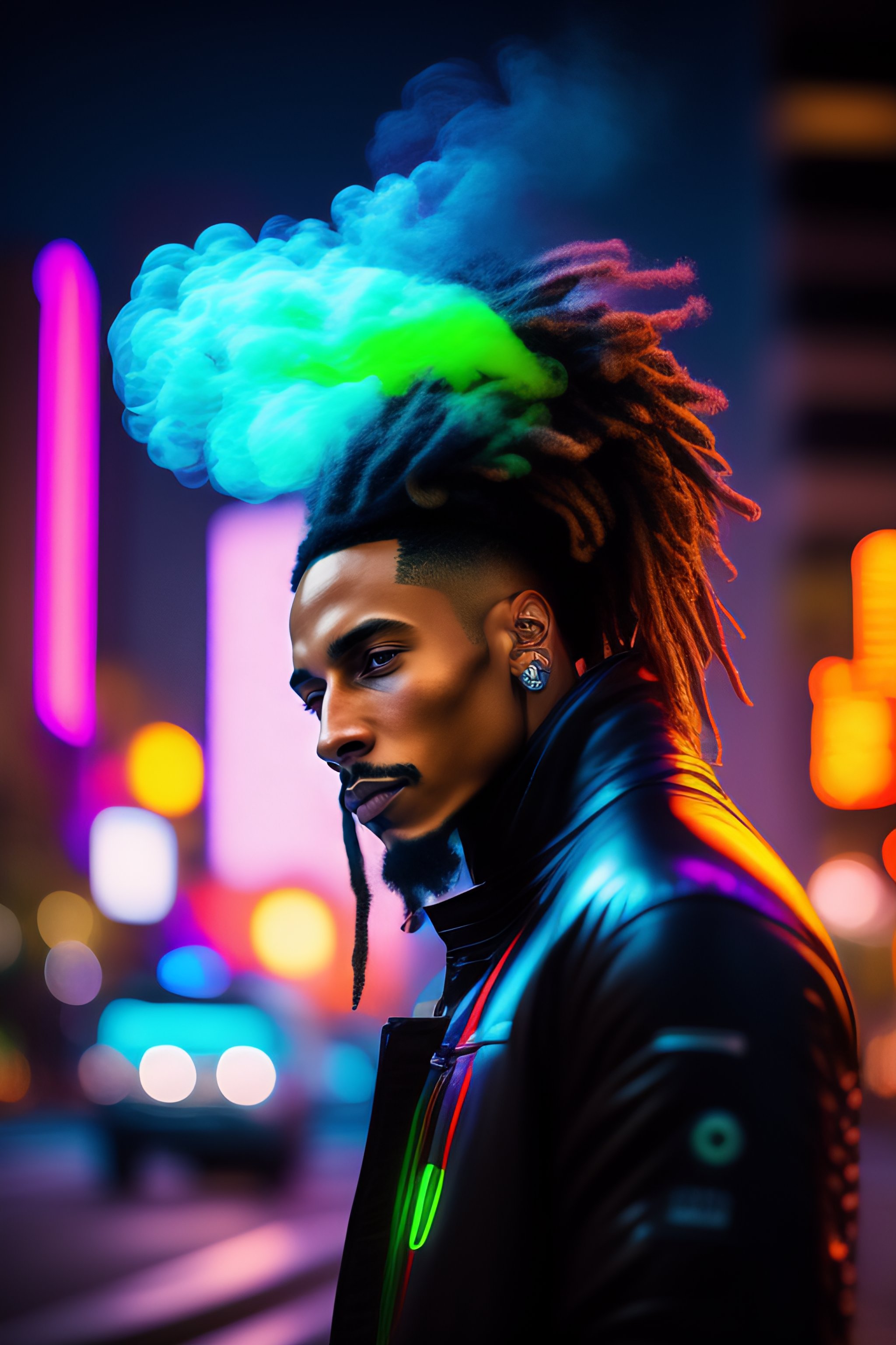Lexica - Slow shutter speed photo of a cyberpunk bob marley with neon ...