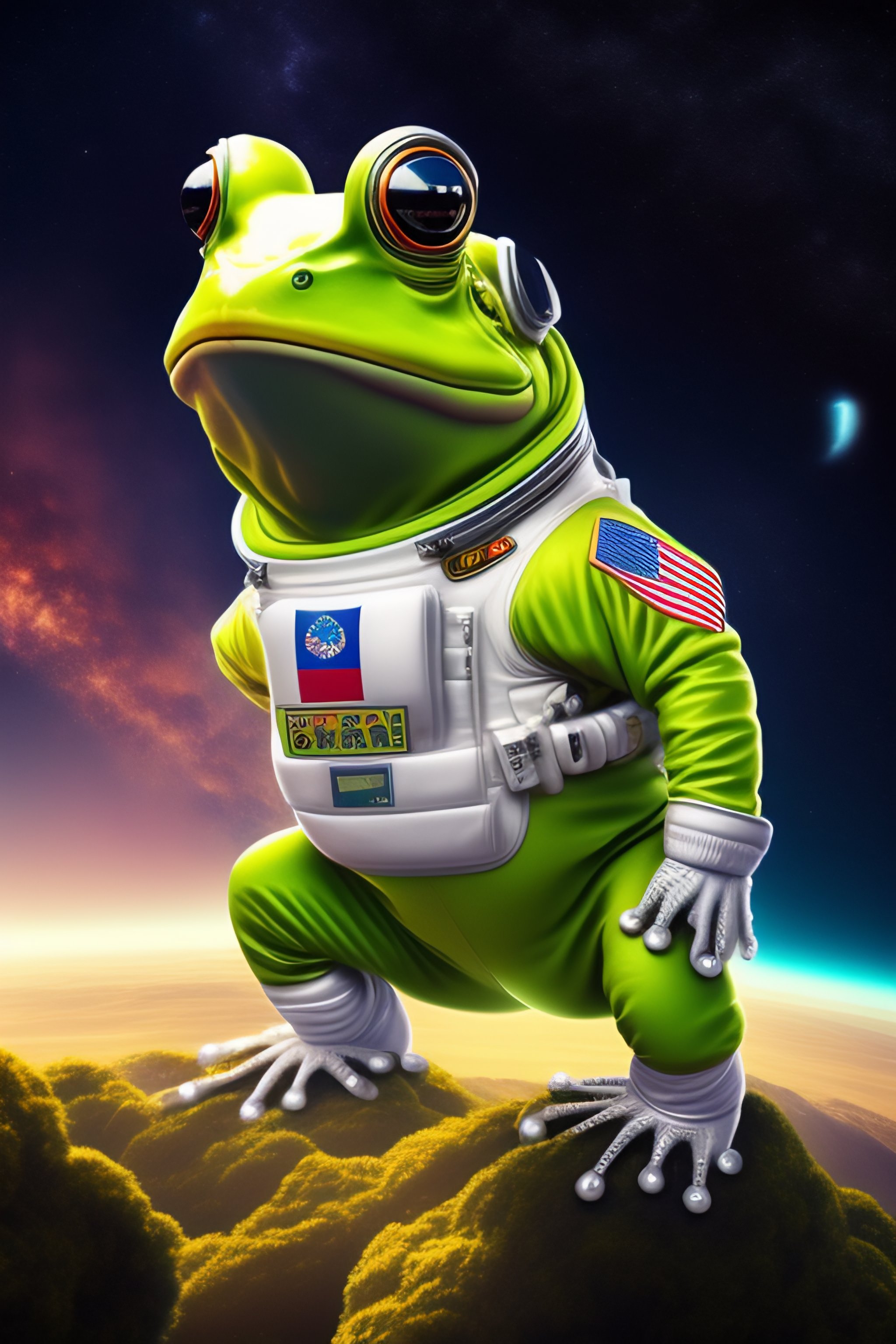 Lexica - Frog with tongue out. Astronaut suit. With frog hands. Earth ...