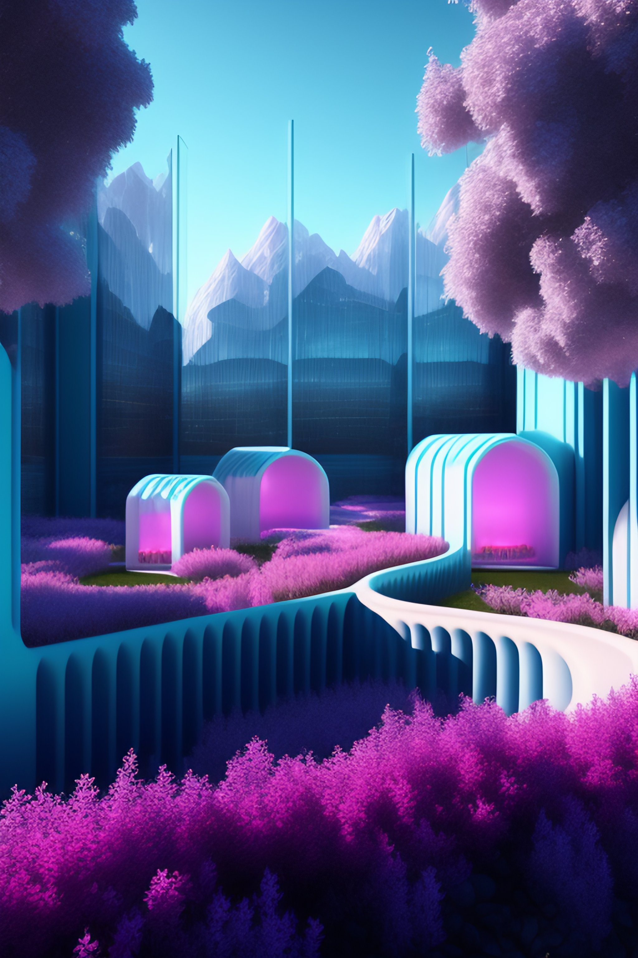 Lexica - Baby blue buildings far above a crystal grove, a magenta ...
