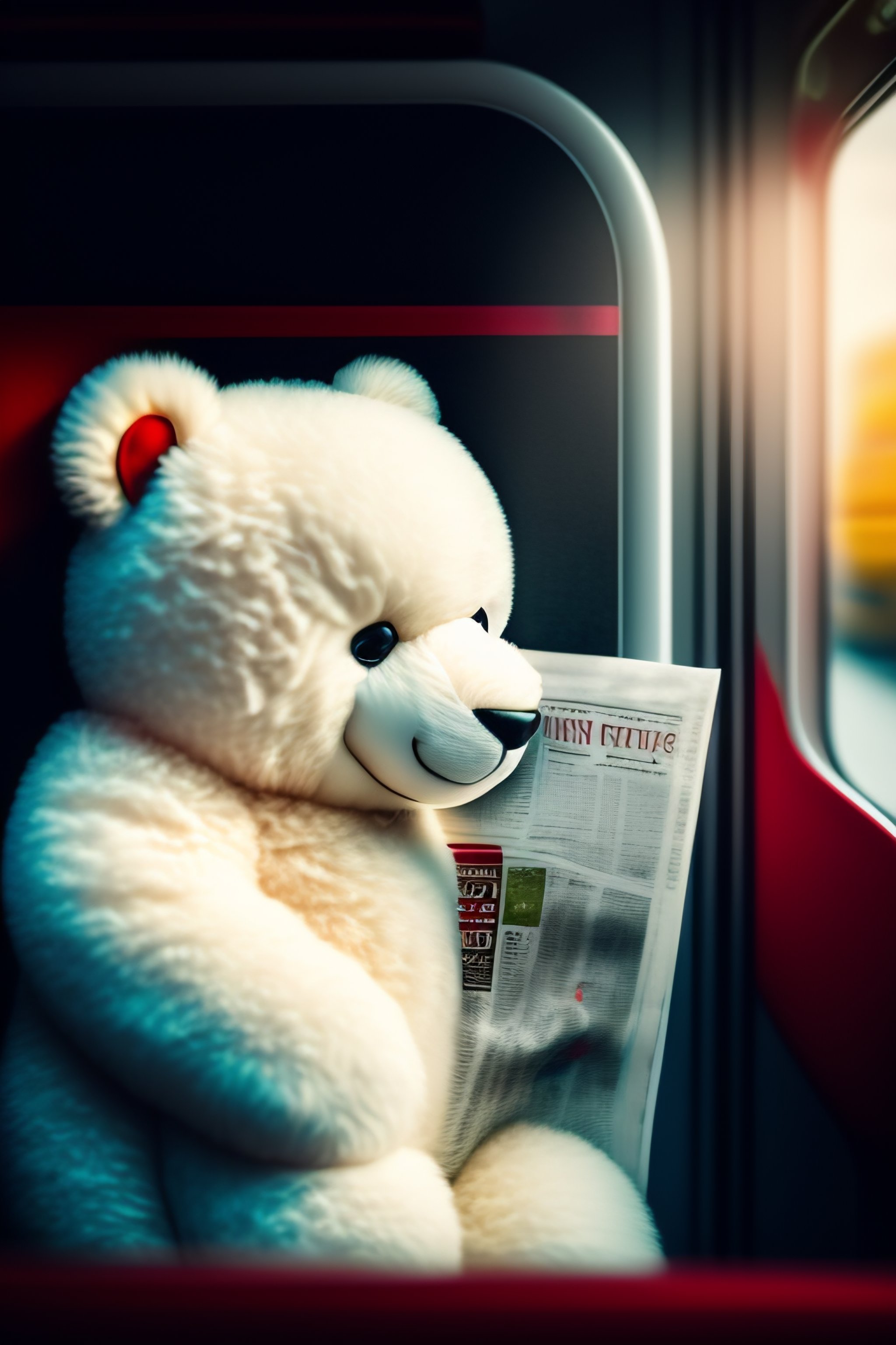 Lexica - Angry white teddy bear reading newspaper in the bus