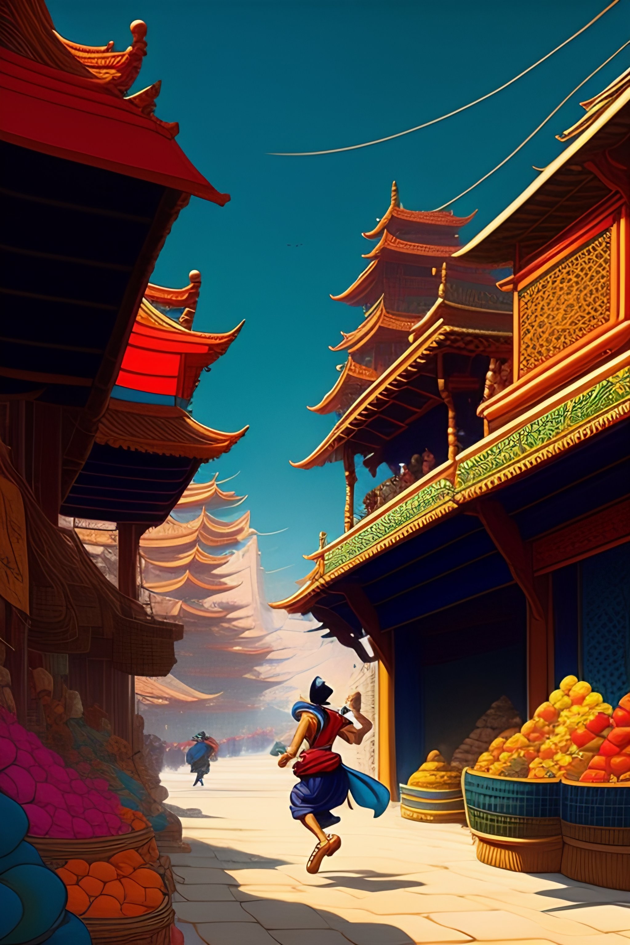 Lexica - A thief running in the crowded market of agrabah, vibrant ...