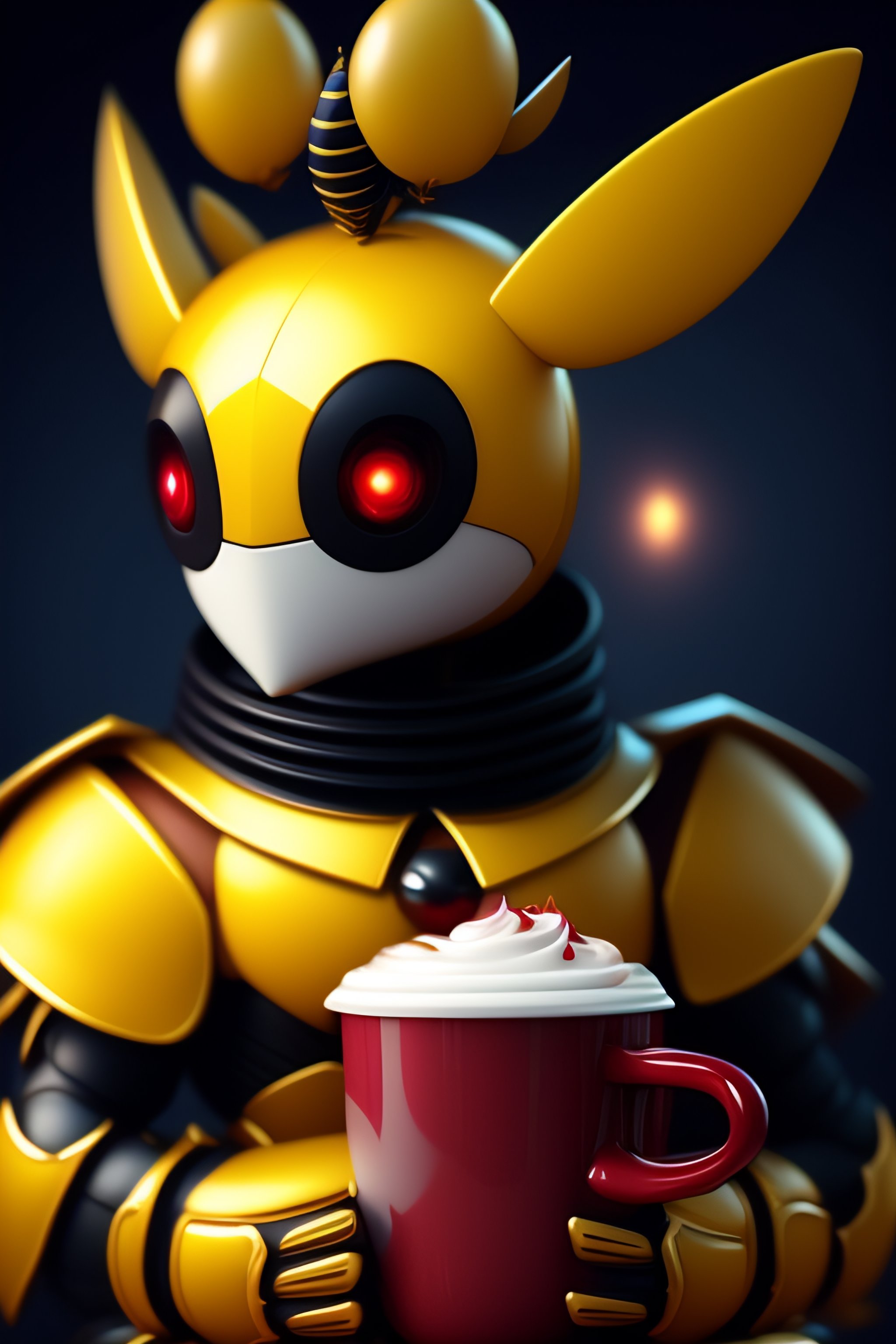Lexica - Cartoon bee knight looks like Beedrill with a cup of coffee and a spear red eyes