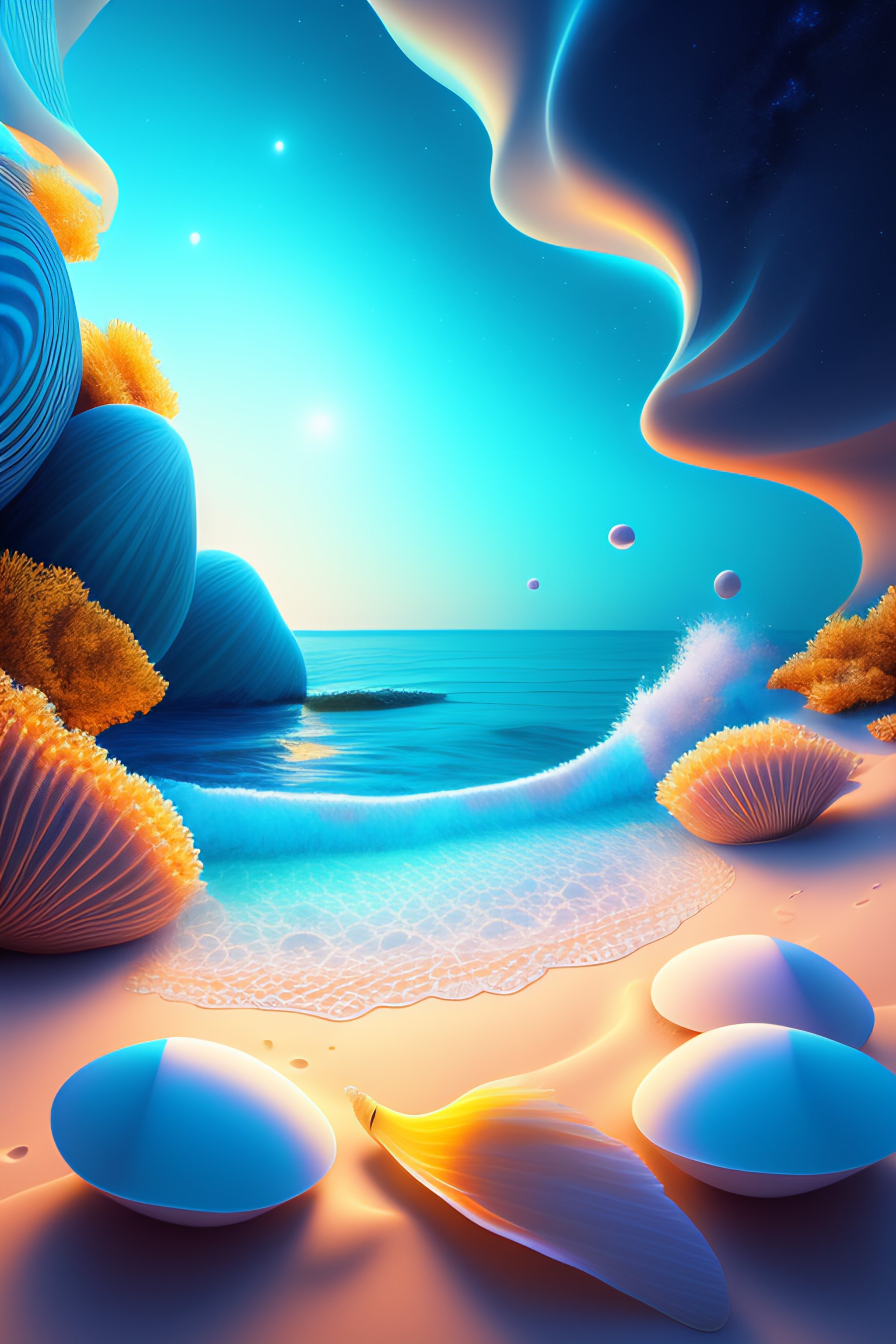 Lexica - Harmony of cyan glowing ocean, white sand beach, giant ...