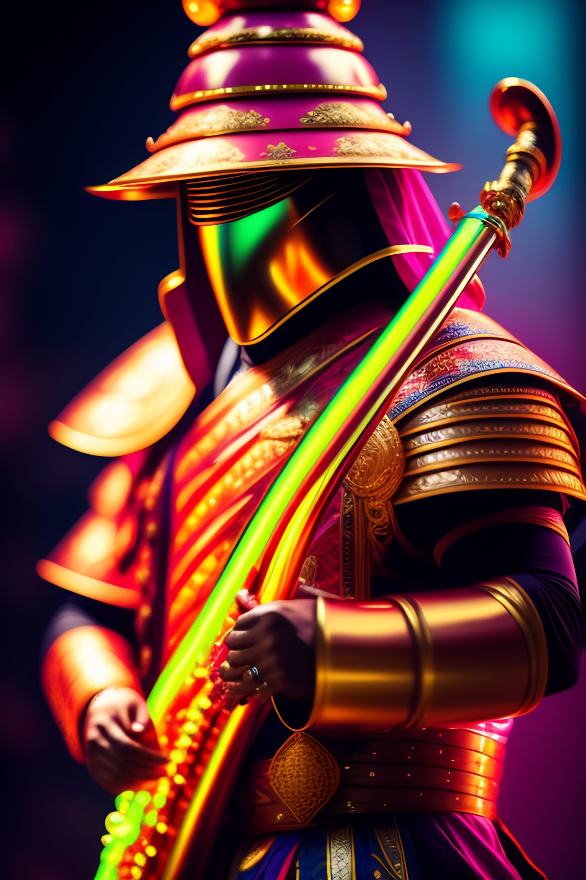 Lexica - Neon samurai playing the saxophone in traditional armor with a ...