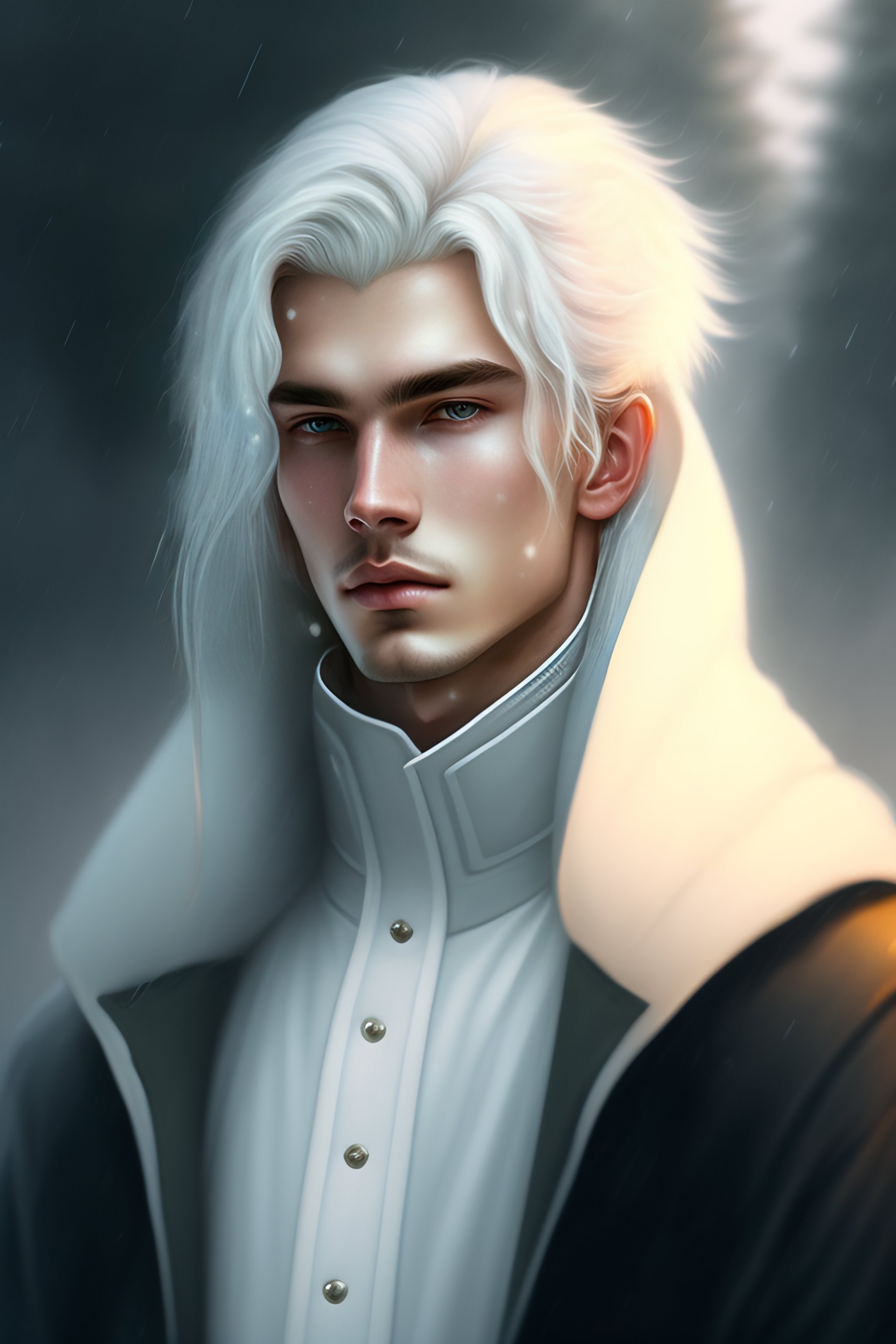 Lexica - Gloomy elegant white-haired boy in a raincoat a lot of details ...