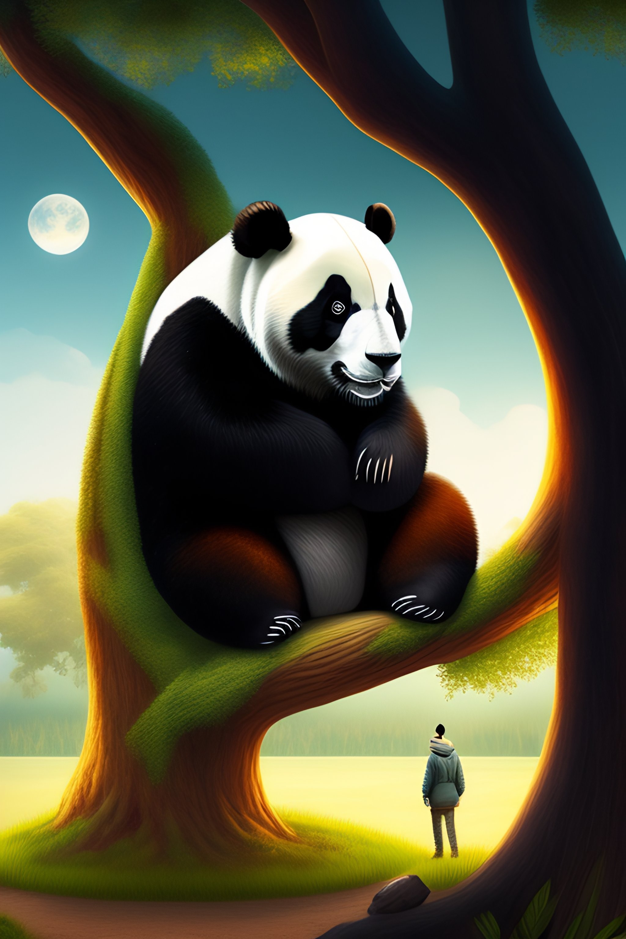 Lexica - Illustration image of a beard man sits under a tree, a panda ...