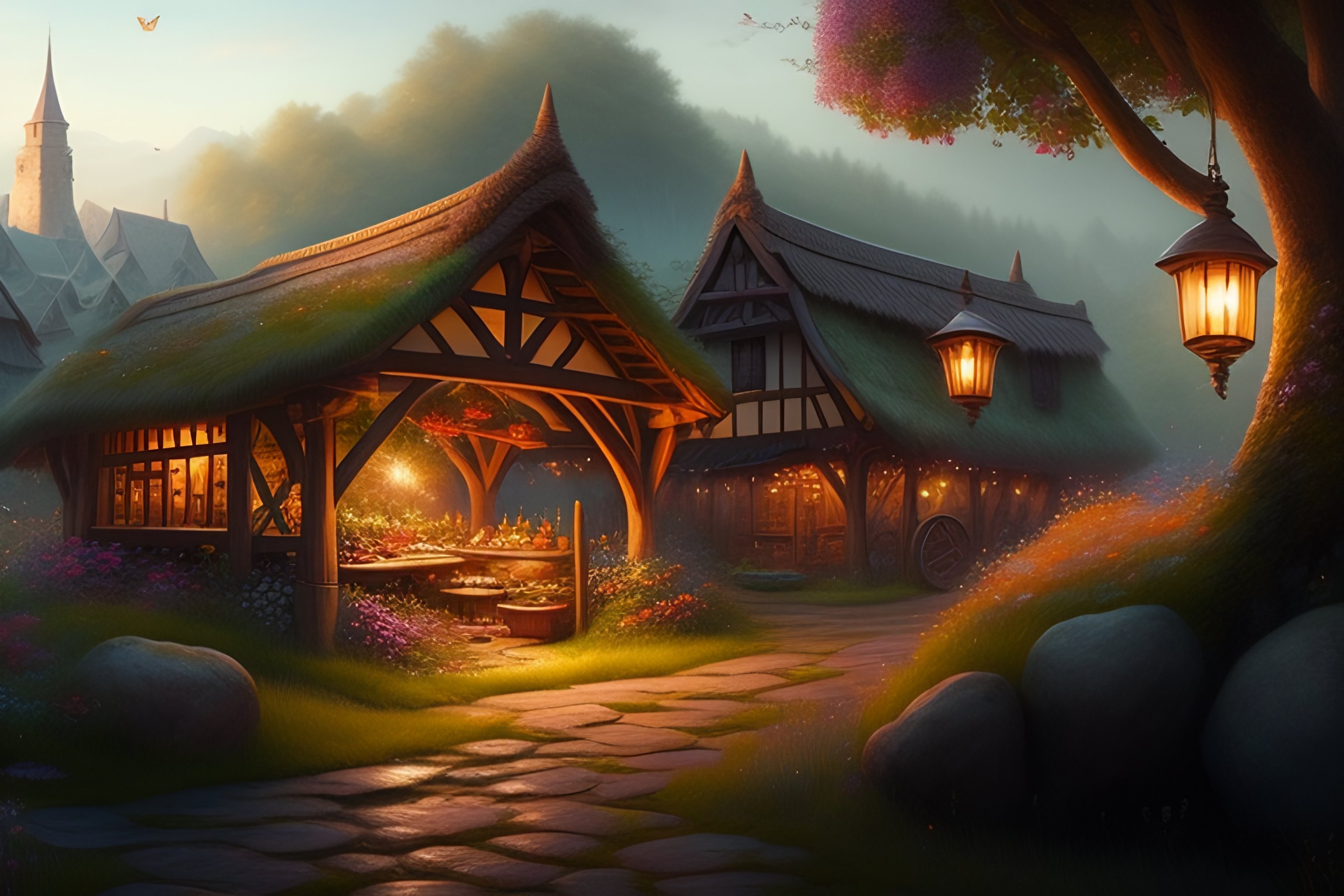 Lexica - Hobbit village, market, flowers, trees, crowded, peaceful ...