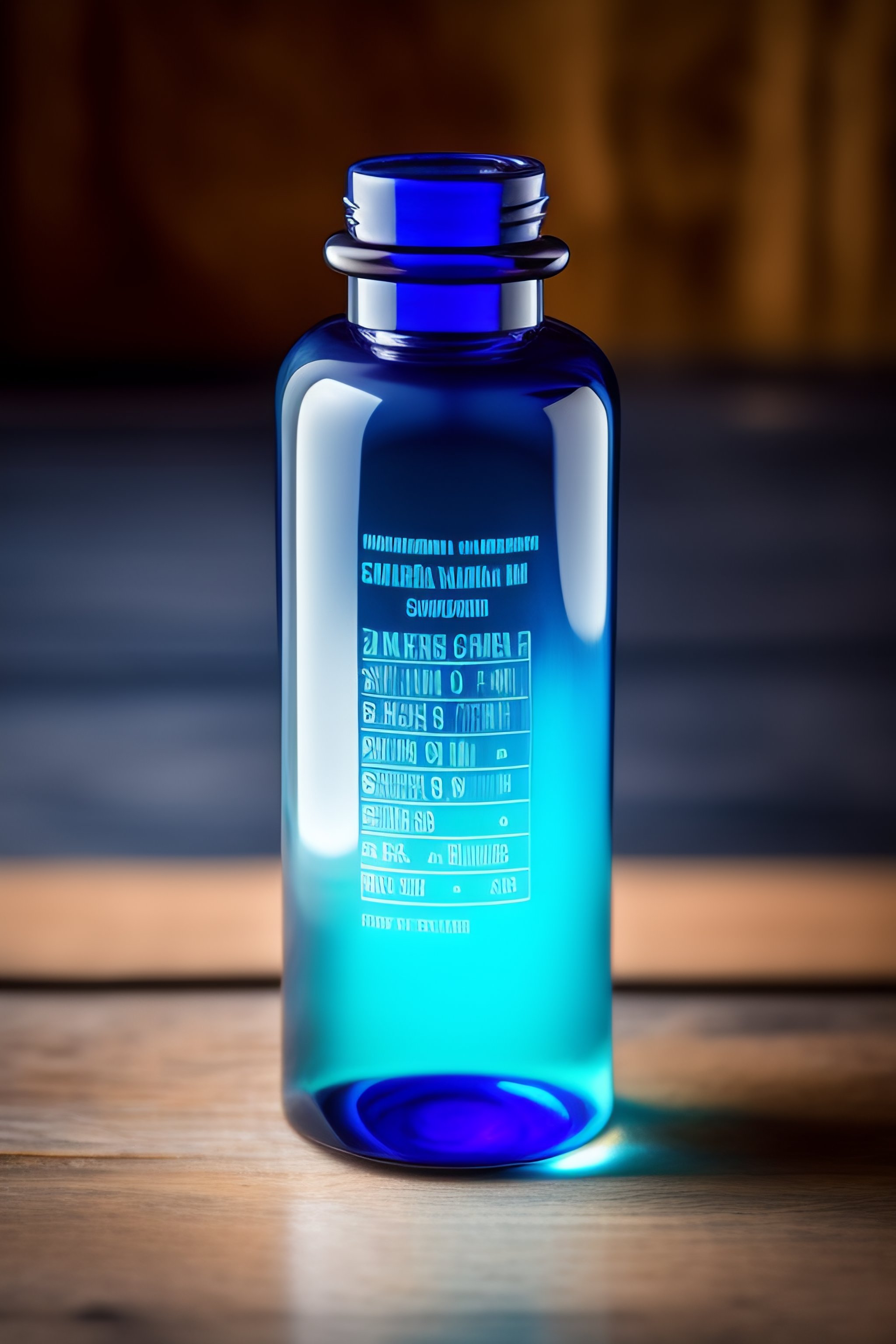 Lexica - Translucent blue medicine bottle with silver label saying "EVOMED"