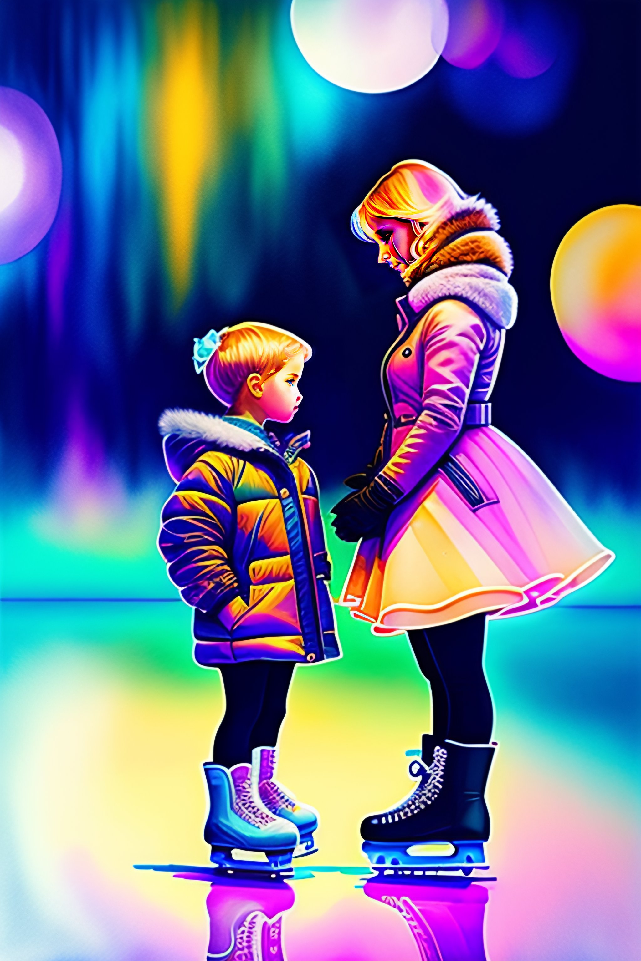 Lexica - Blonde mum and 3 year-old daughter ice-skating in skating rink ...