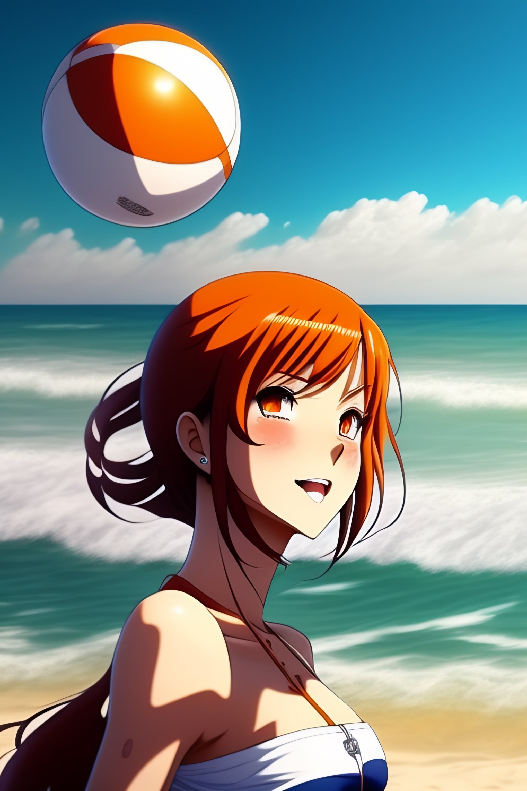 Lexica - Orihime bleach dropping a ball at the beach